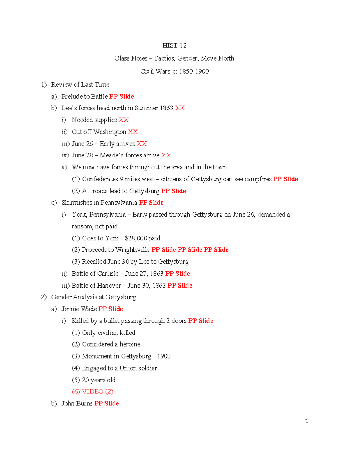 HIST 12 Class Notes: Civil War Tactics, Gender Roles, and Gettysburg ...