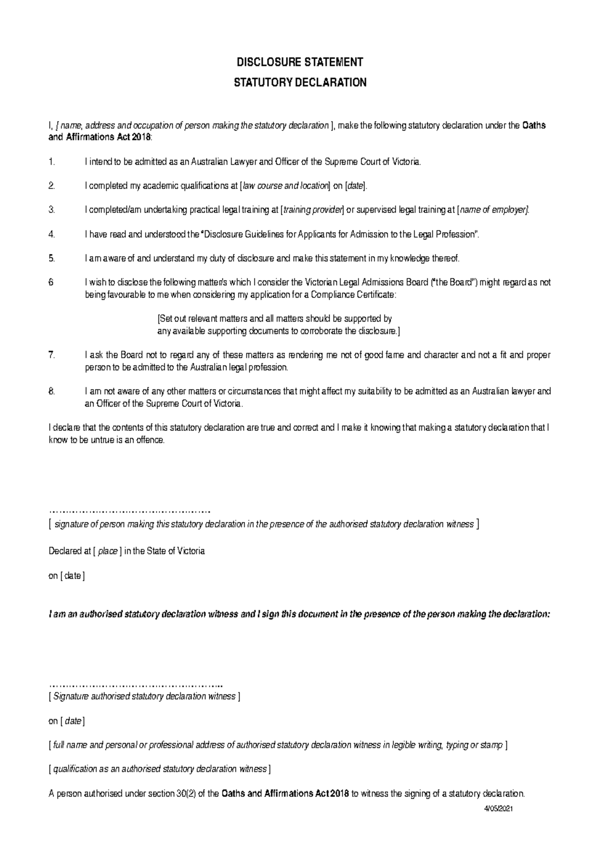 Disclosure Statement - DISCLOSURE STATEMENT STATUTORY DECLARATION I ...