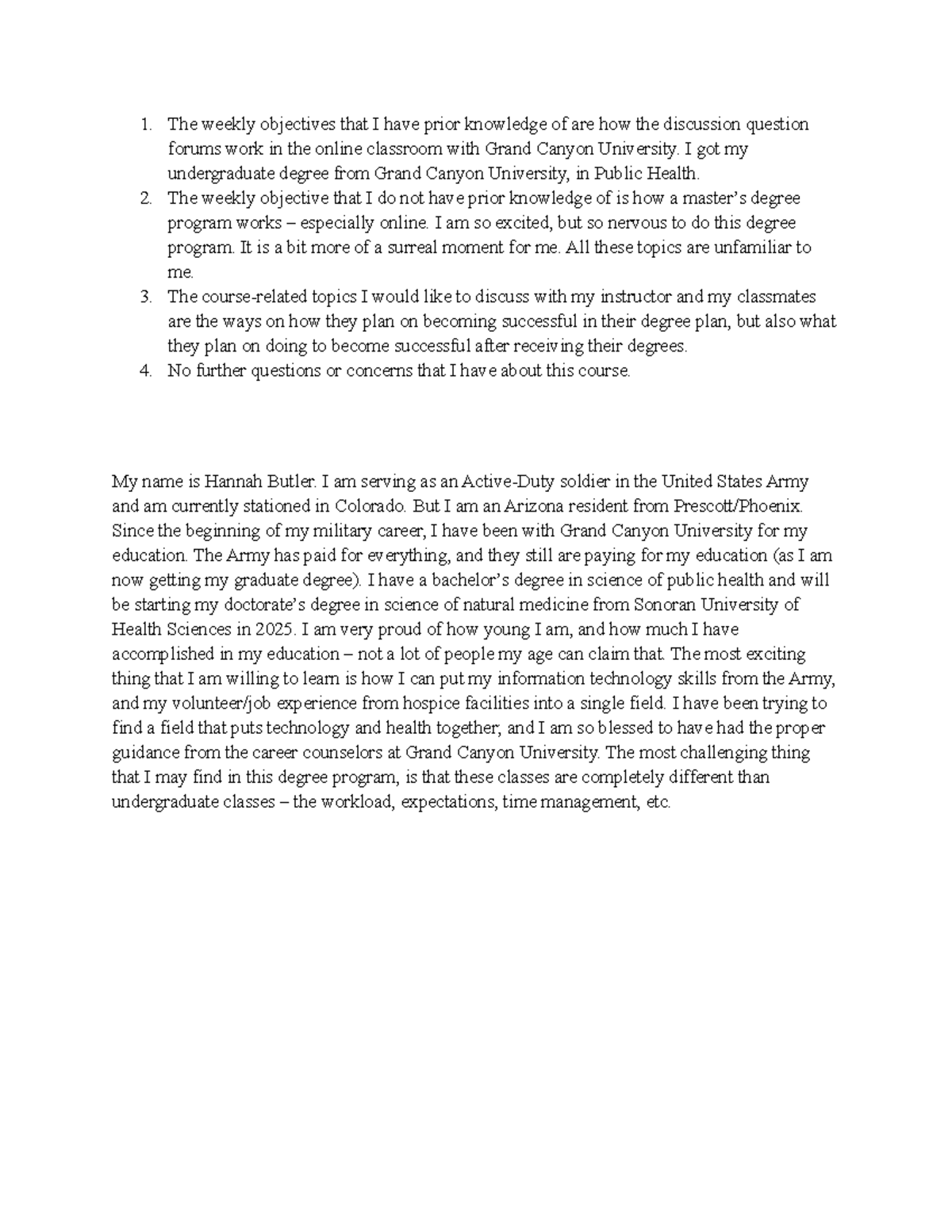 GCU - Weekly Objectives and Personal Insights on Online Learning - Studocu