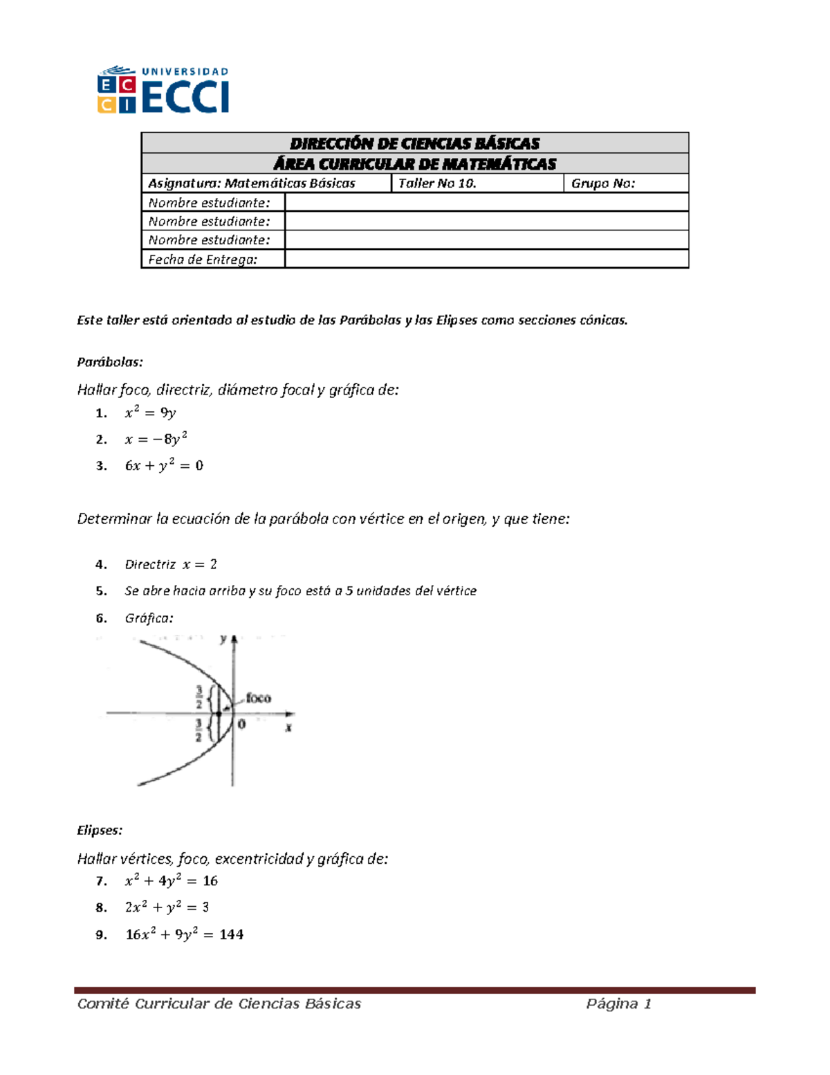 Taller 10 Parábolas y elípses - Comité Curricular de Ciencias Básicas ...