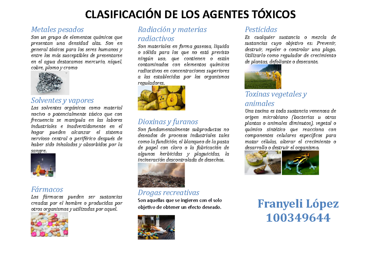 Clasificación de Agentes Tóxicos: Metales, Solventes y Más - Studocu