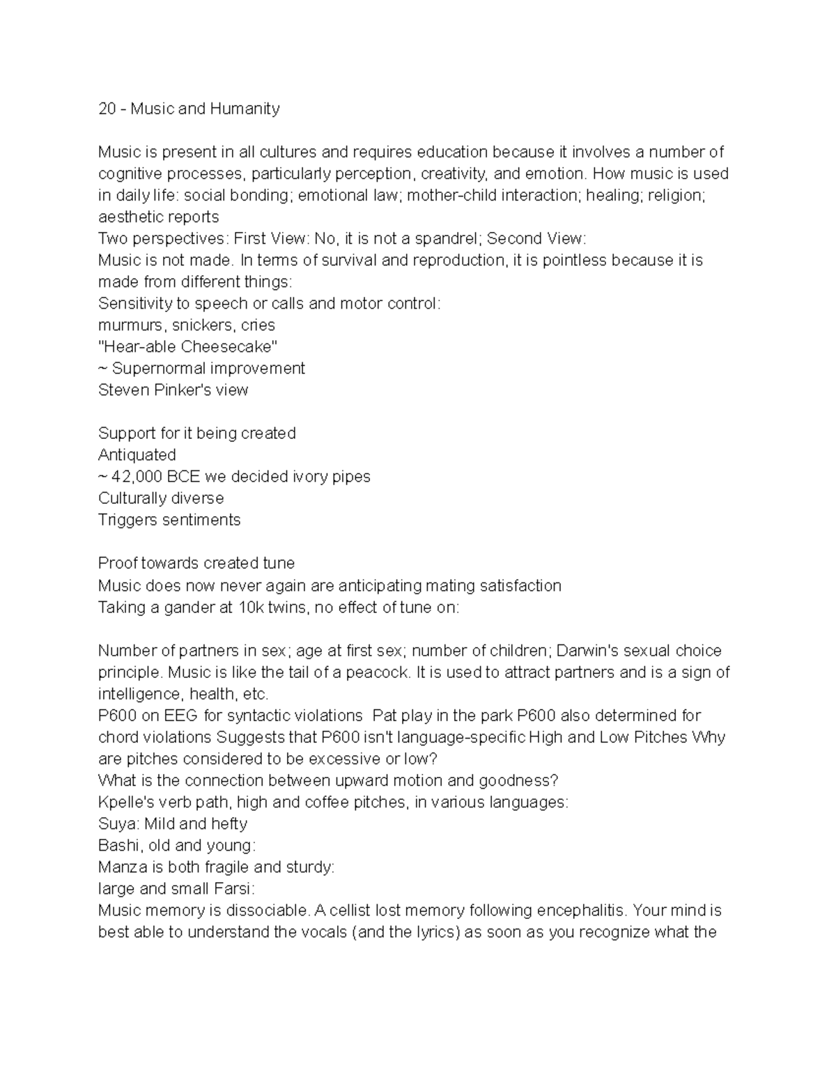 Lecture 20 Cgsc Notes - 20 - Music and Humanity Music is present in all ...