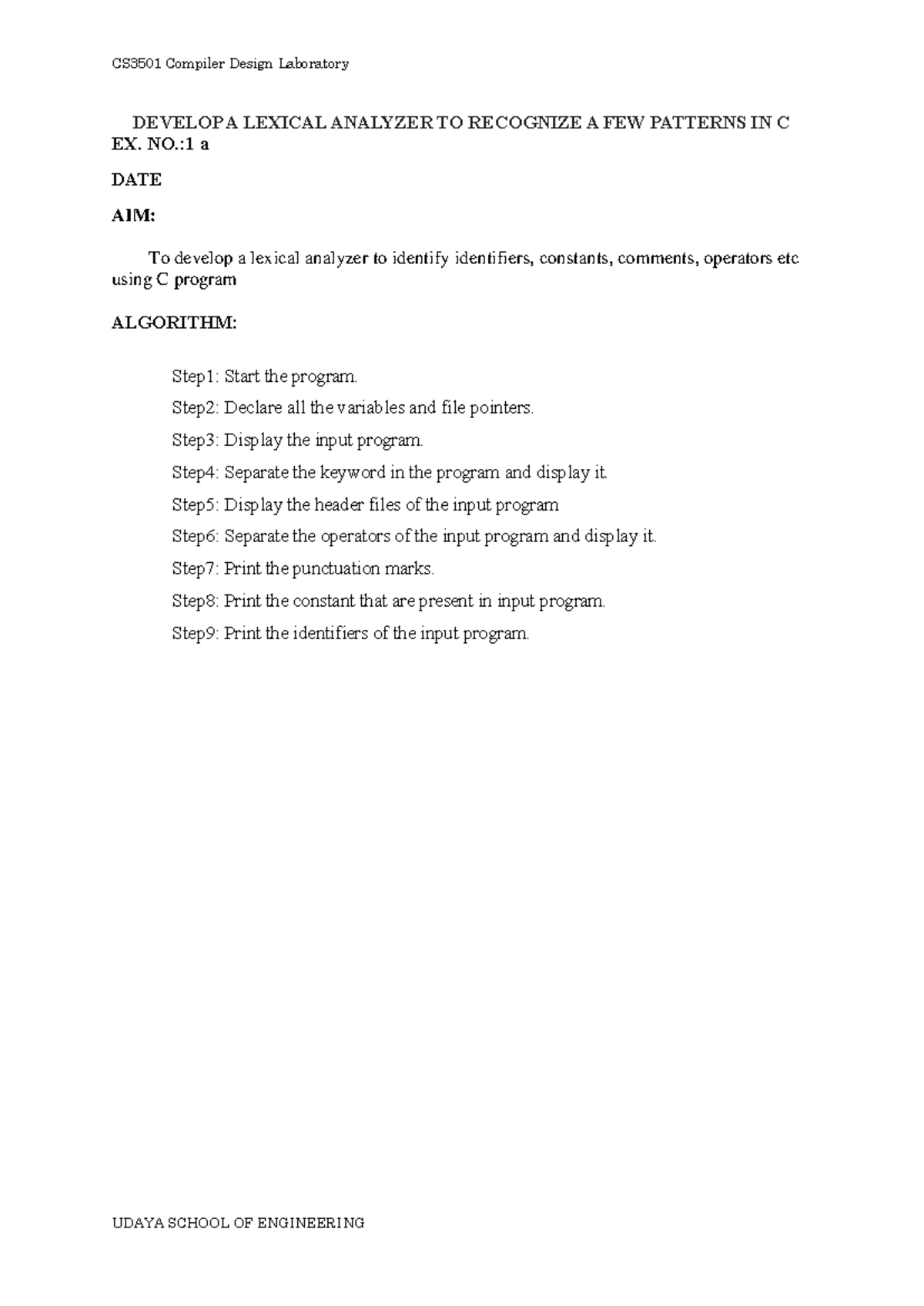 CS3501 Compiler Design Lab: Lexical Analyzer & Symbol Table Implementation - Studocu