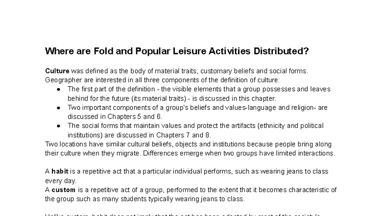 Cultural Distribution: Folk vs. Popular Activities (GEOG 101) - Studocu