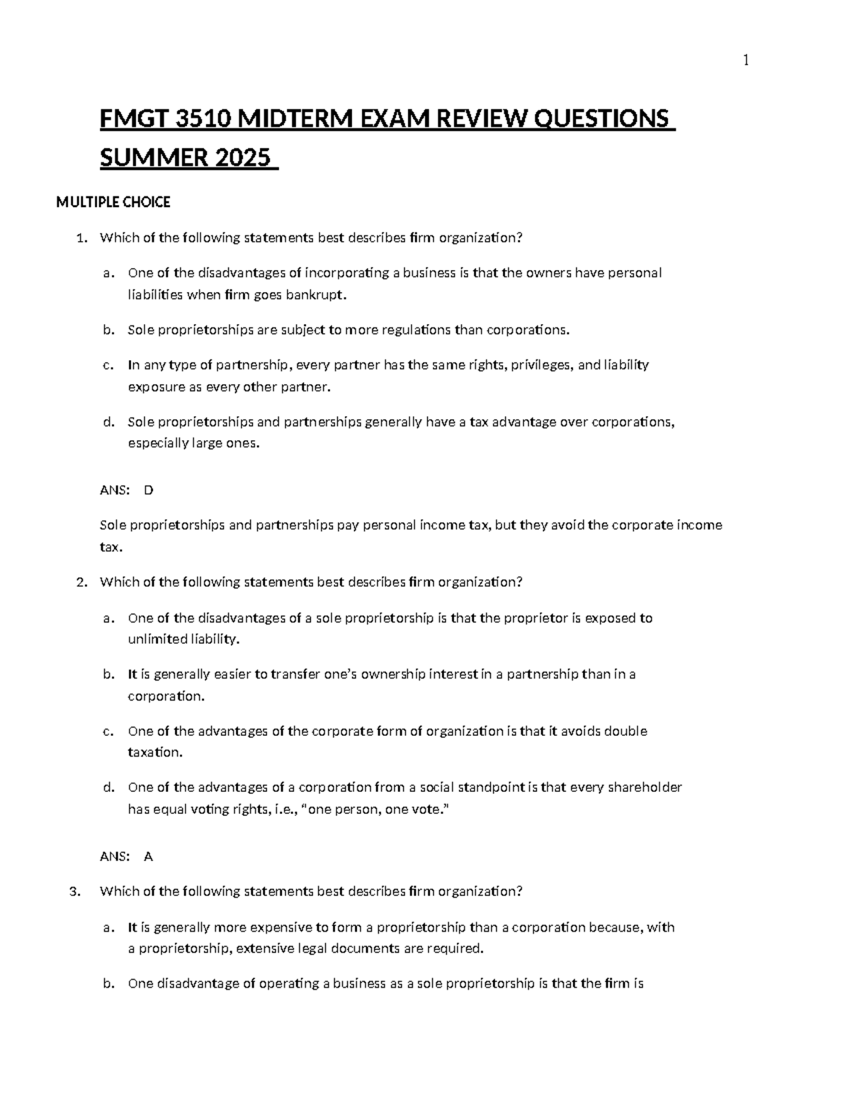 FMGT 3510 Midterm Exam Review: Multiple Choice Questions (Summer 2025 ...