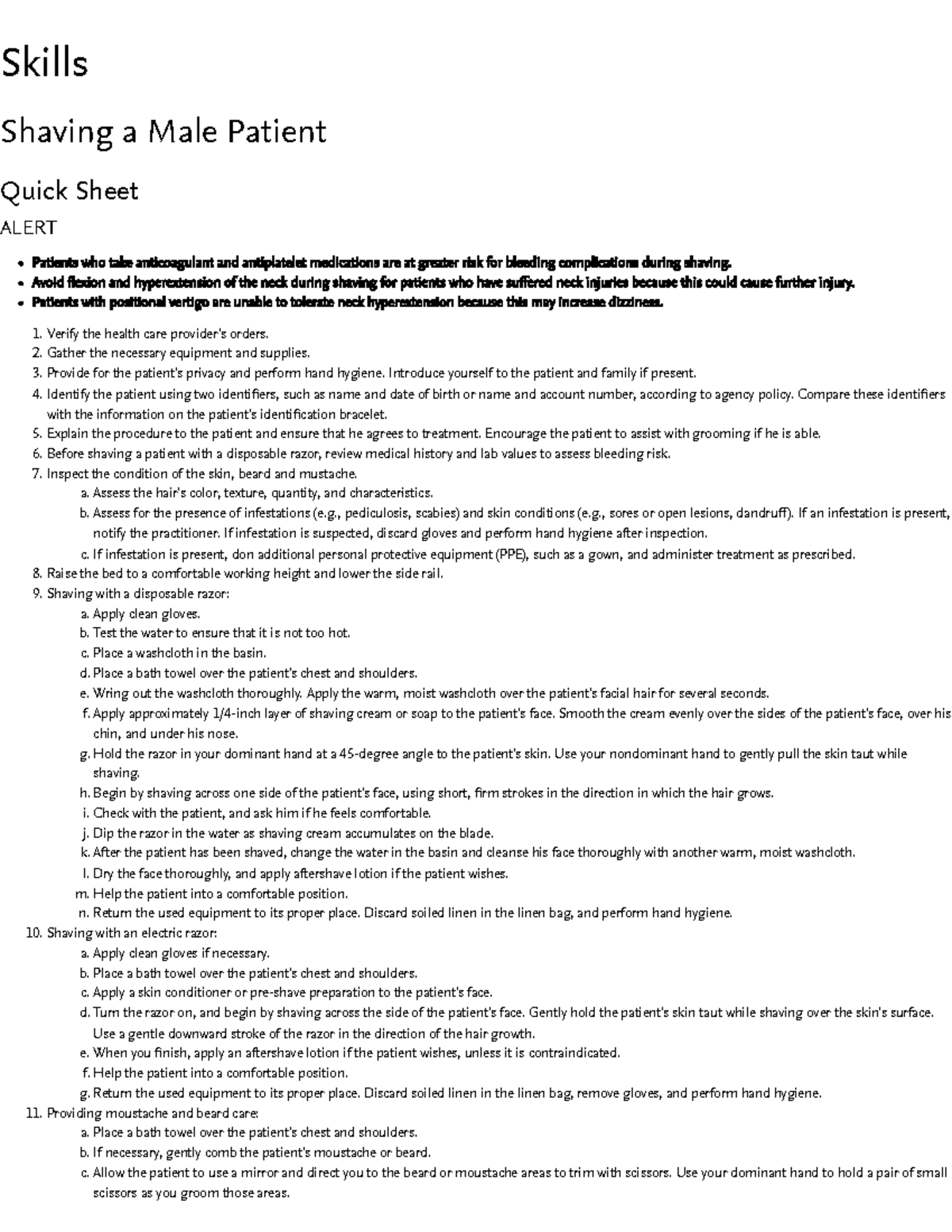 Elsevier shave - Skills Shaving a Male Patient Quick Sheet ALERT ...