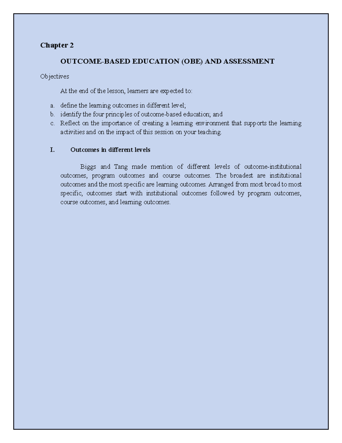 EDUC 108 Assessment in Learning 2 - Chapter 2 OUTCOME-BASED EDUCATION ...
