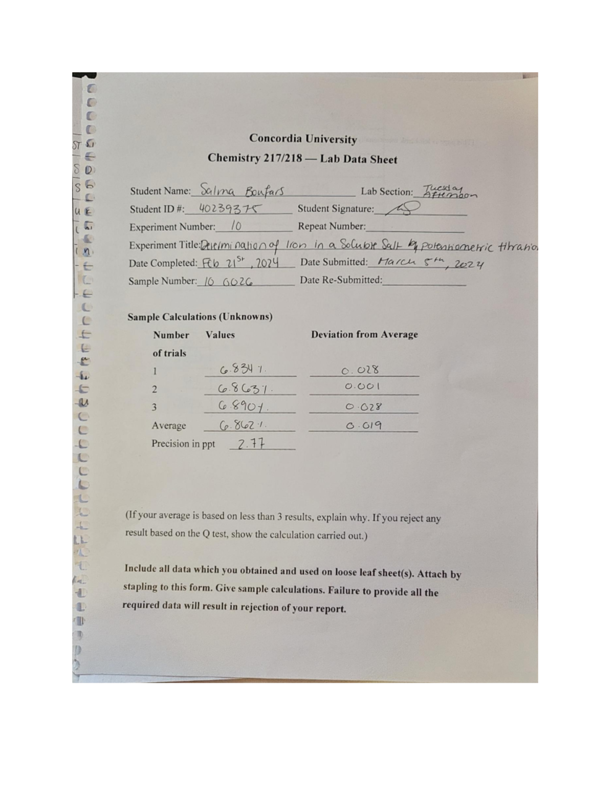 Chem 218 Lab Report 10: Determination of Iron in Salt by Titration ...