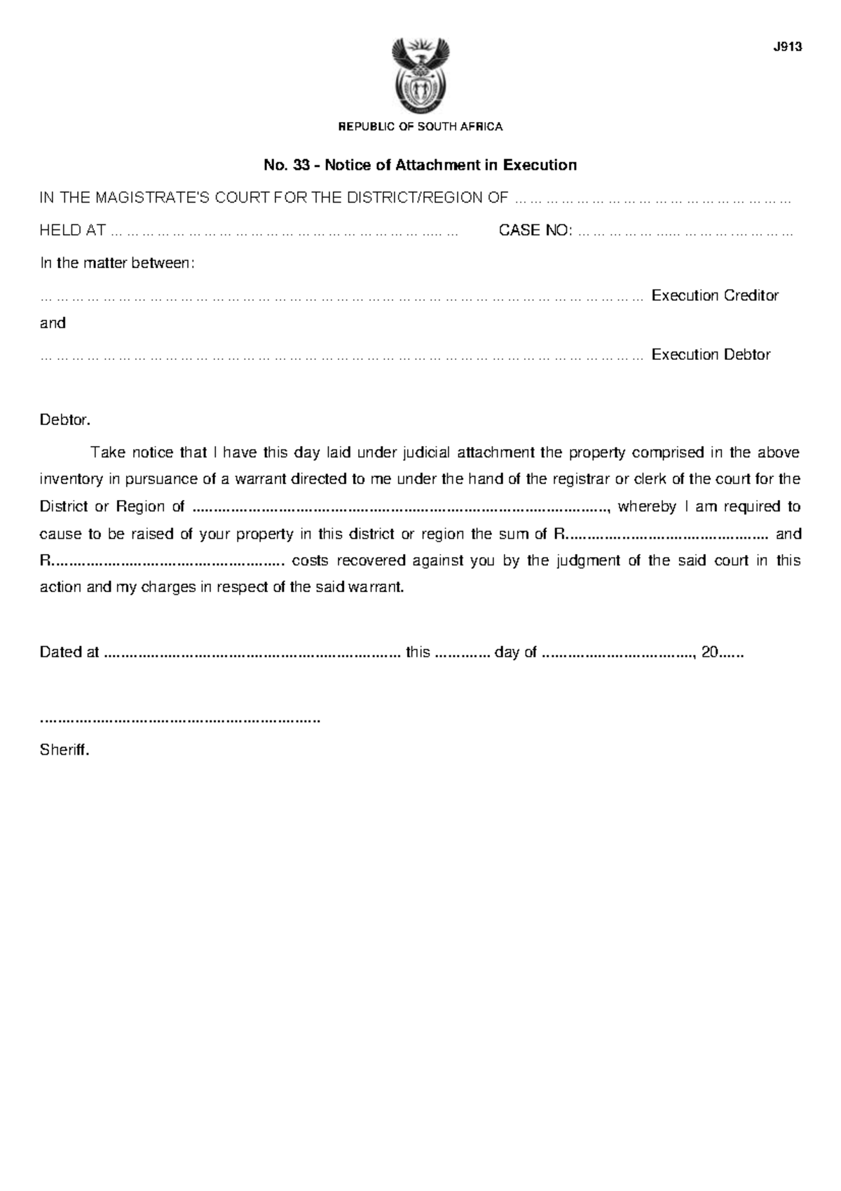 J913-Notice of Attachment in Execution - Magistrate’s Court Form 33 ...