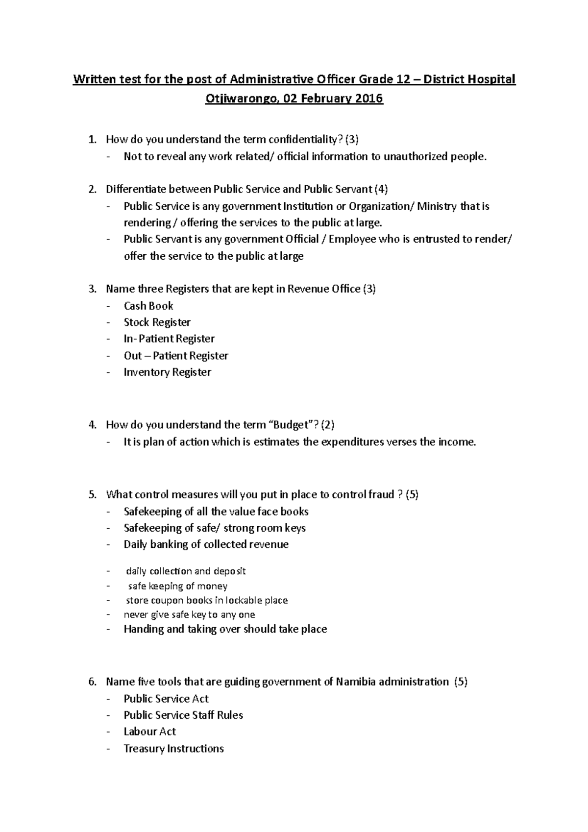 Administrative Officer Grade 12 Written Test Answers - Studocu