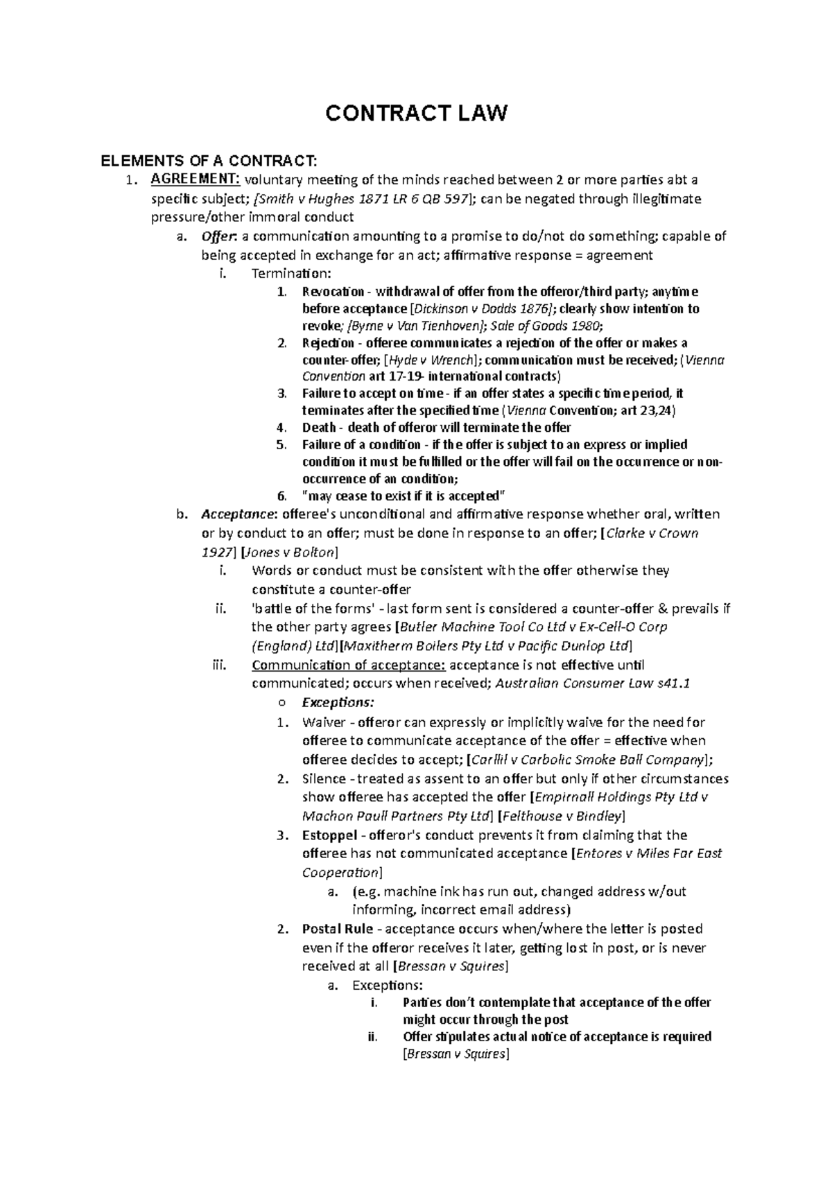 Contract Law - Elements for a Formation of Contract - LAW5002 - Monash ...