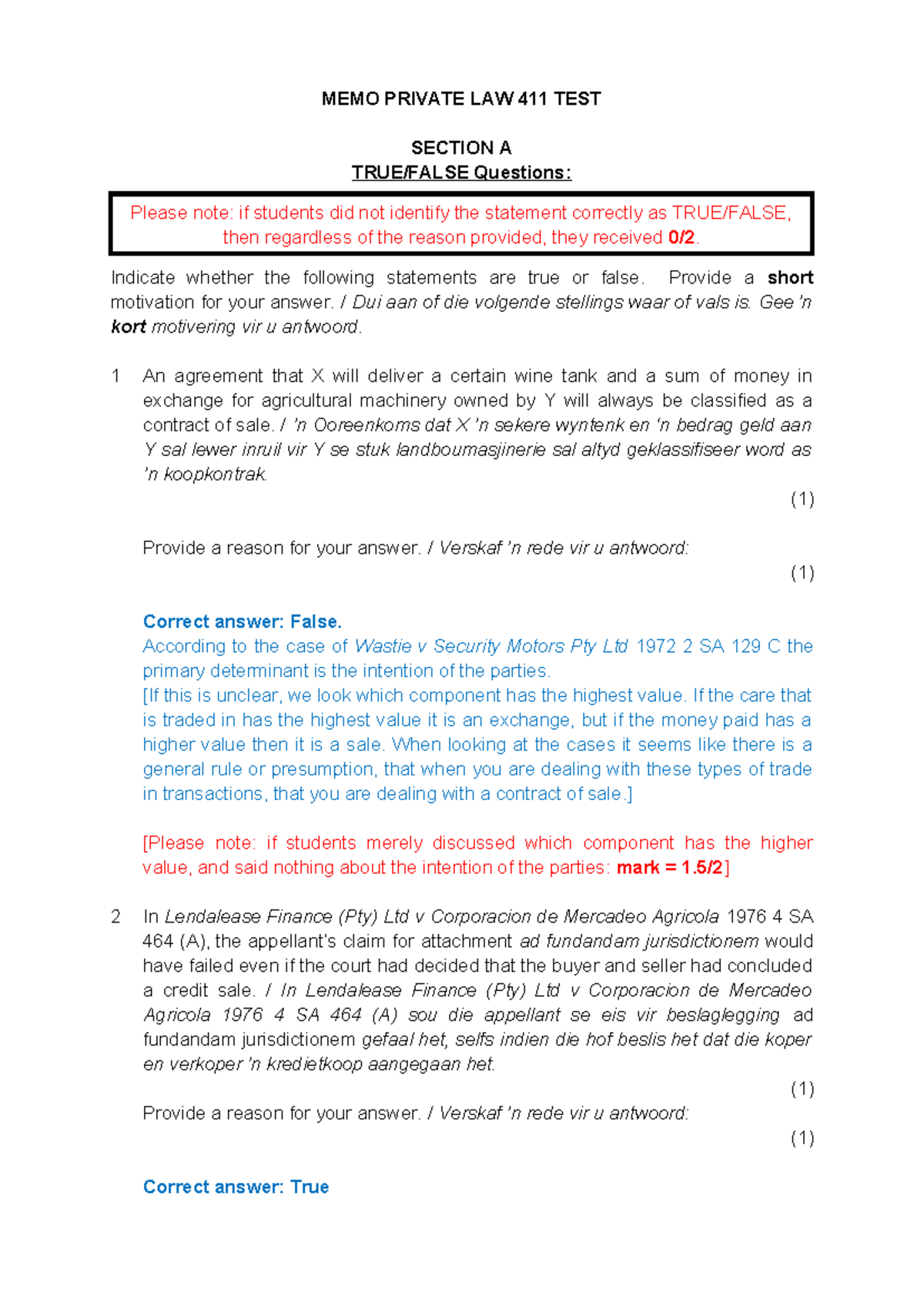 MEMO: Private Law 411 Test Section A & B Analysis and Answers - Studocu