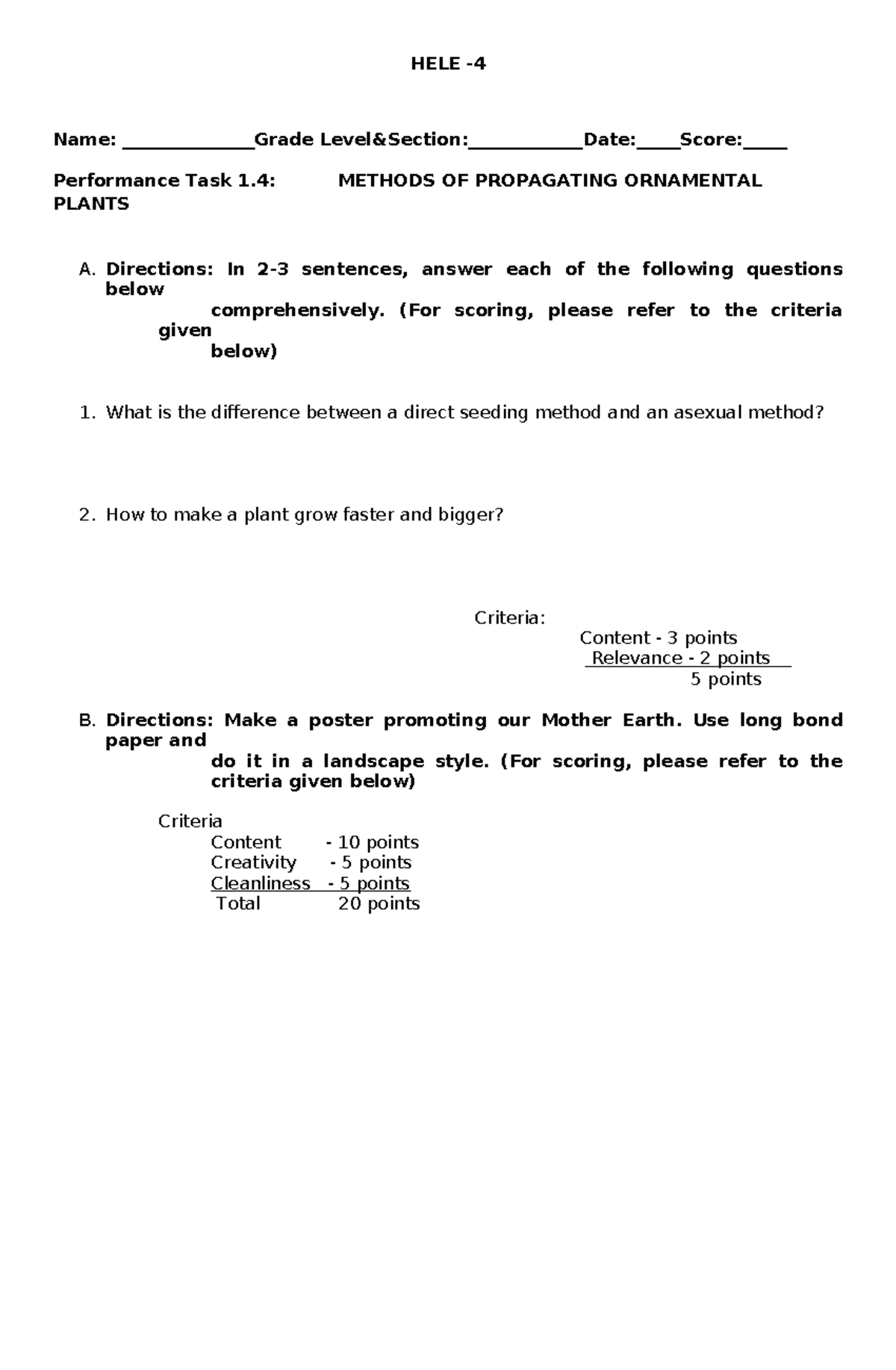 HELE 1.4: Performance Task on Plant Propagation Methods - Studocu