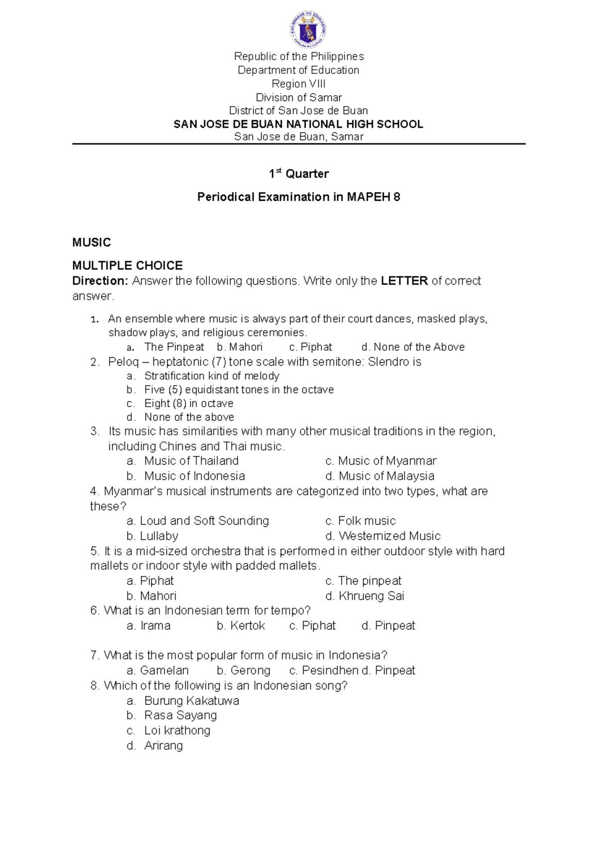 MAPEH 8 Periodical Test Notes: 1st Quarter Exam Guide - Studocu
