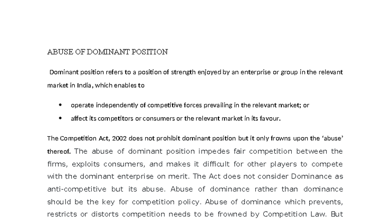 Abuse of Dominant Position: Insights from Competition Law (CL 2002 ...