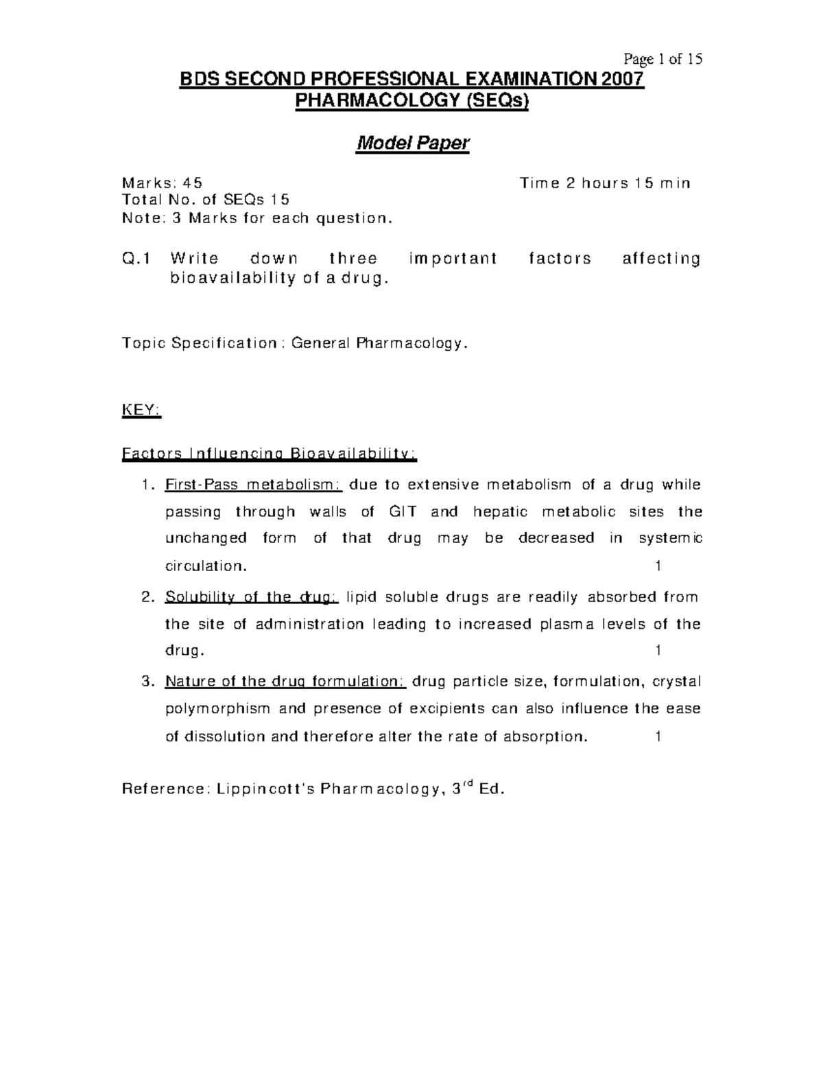 BDS 2nd Professional Exam 2007 Pharmacology SEQs Model Paper Guide ...