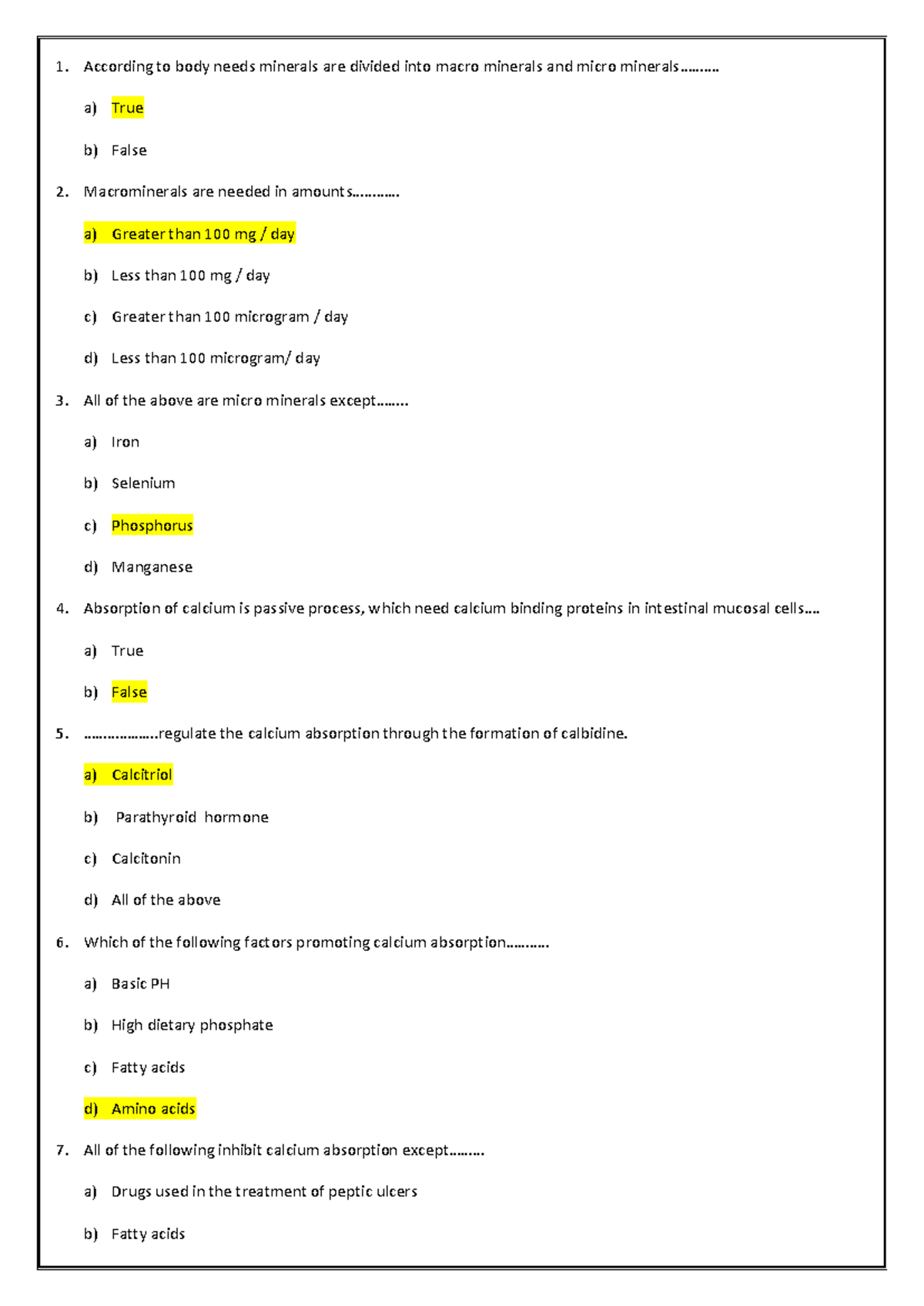 Minerals Metabolism Quiz: Key Concepts and Questions - Studocu