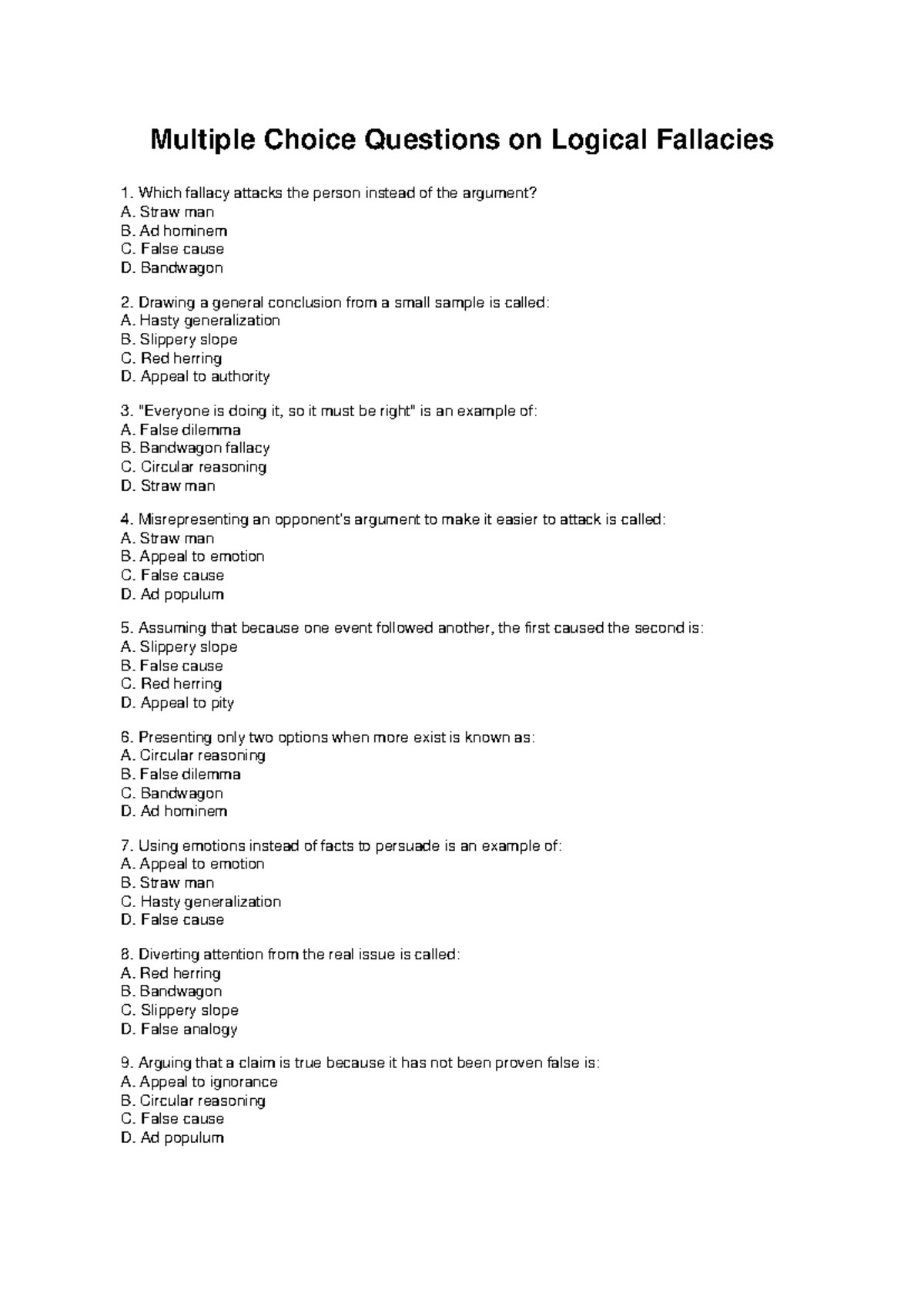 Fallacies MCQs-1: Understanding Logical Fallacies in Reasoning - Studocu