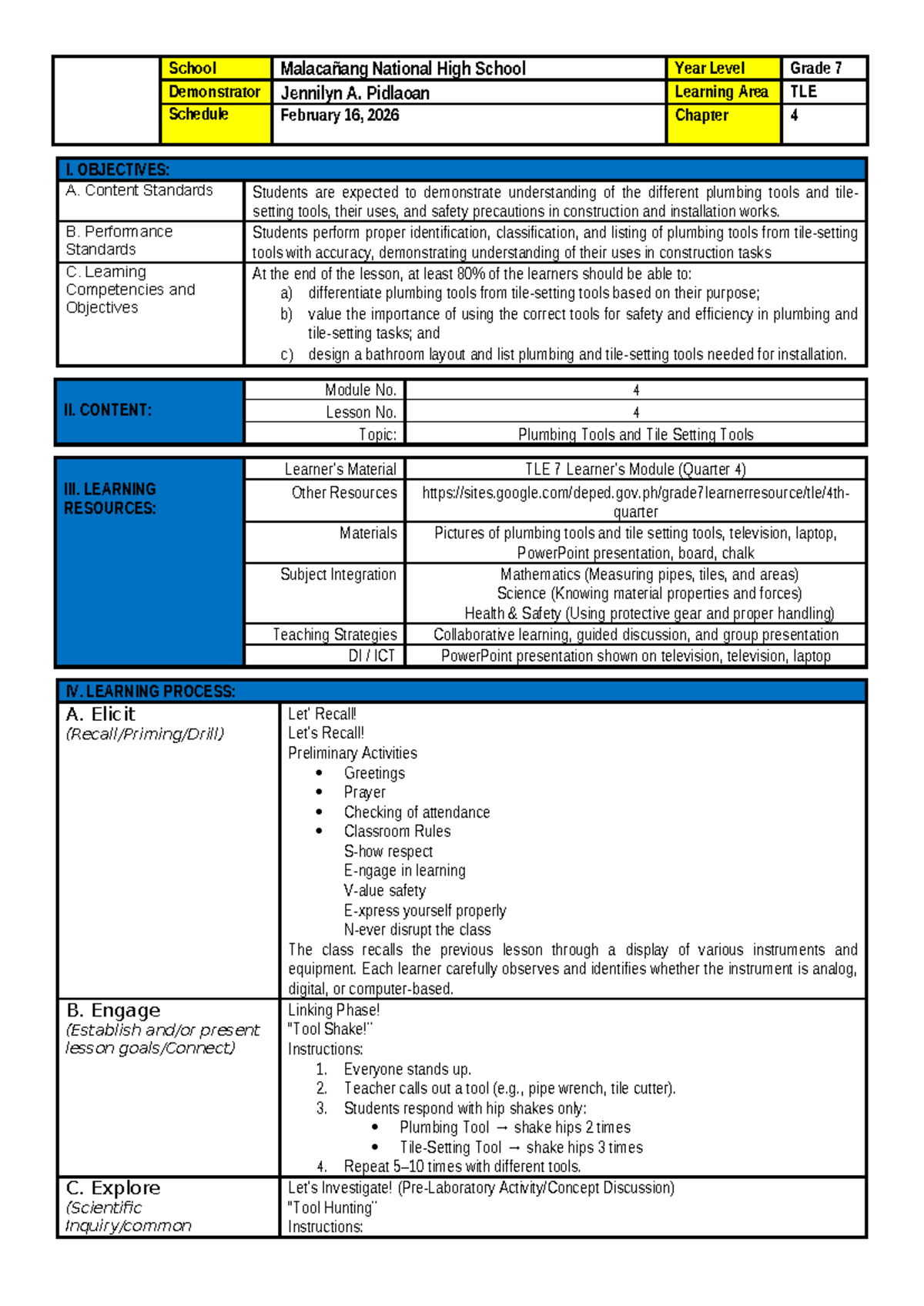 Grade 7 TLE 4: Plumbing Tools & Tile Setting Tools Lesson Plan - Studocu