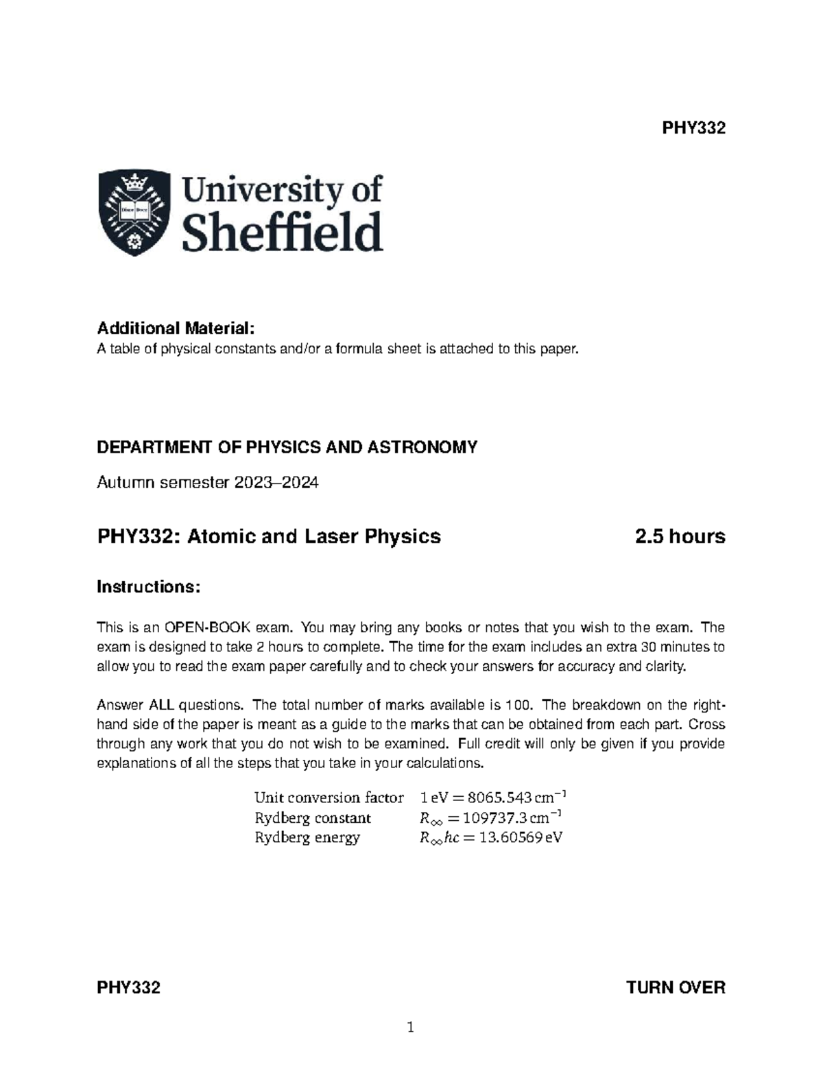 PHY332 Final Exam: Atomic and Laser Physics Past Paper 2023-24 - Studocu