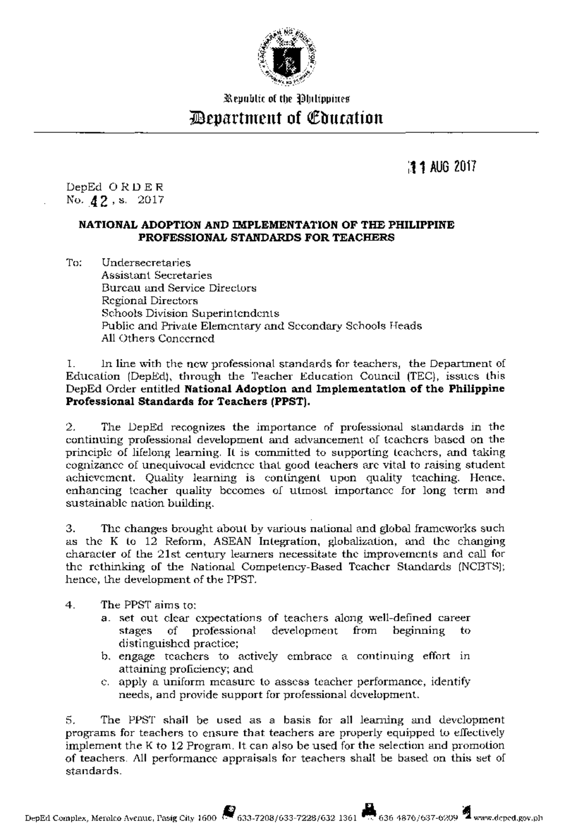 Philippine Professional Standards for Teachers: DepEd Order No. 42 S ...