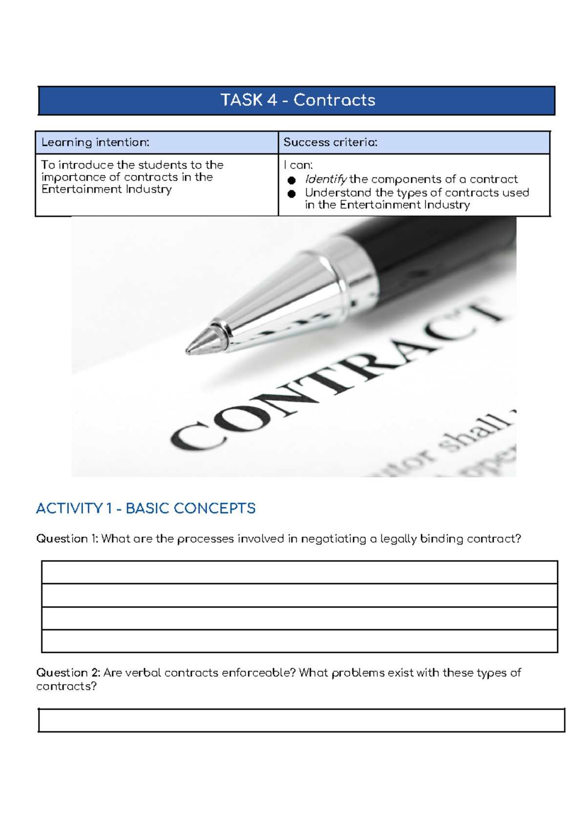 Task 4 - Contracts - TASK 4 - Contracts Learning intention: Success ...