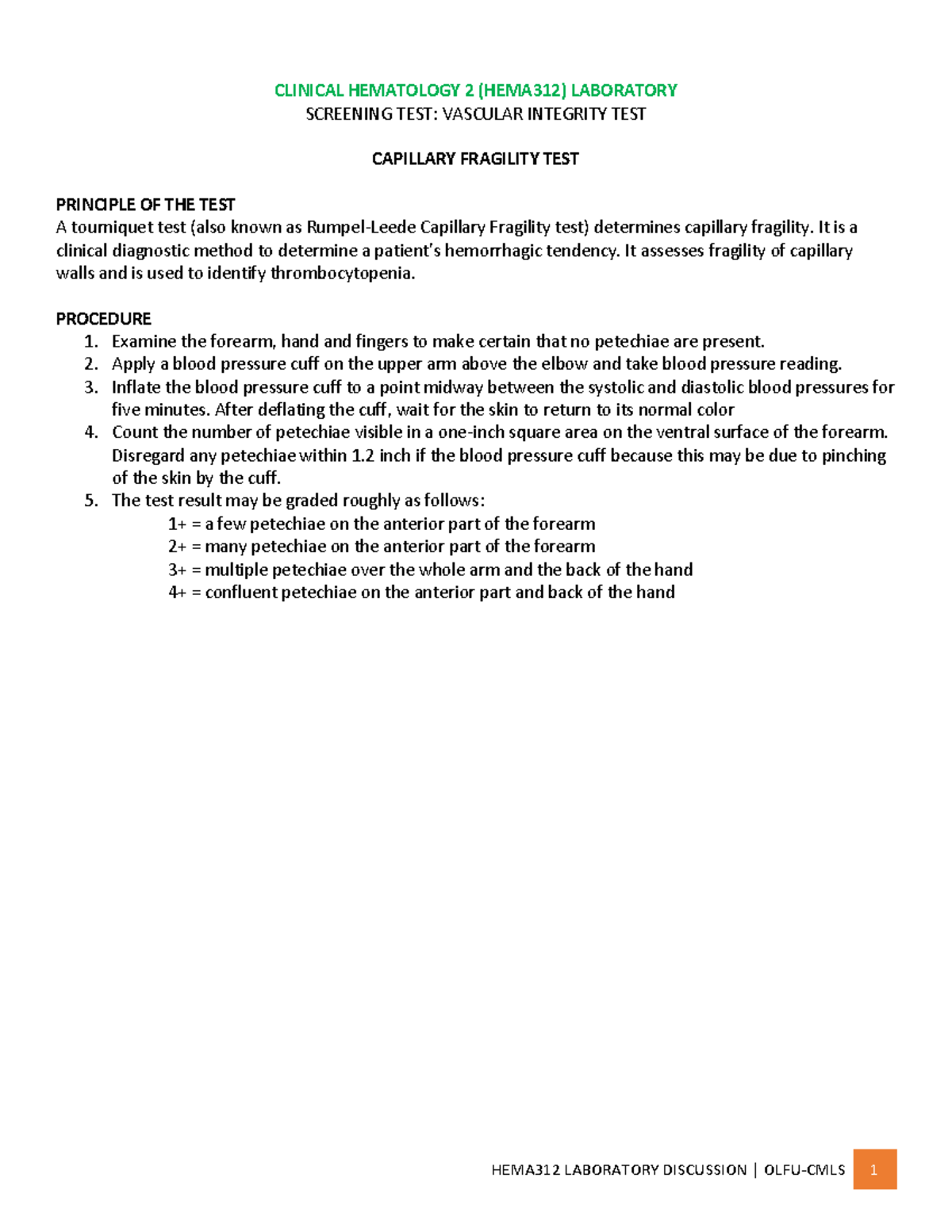 Capillary Fragility Test in Clinical Hematology 2 (HEMA312) Lab - Studocu