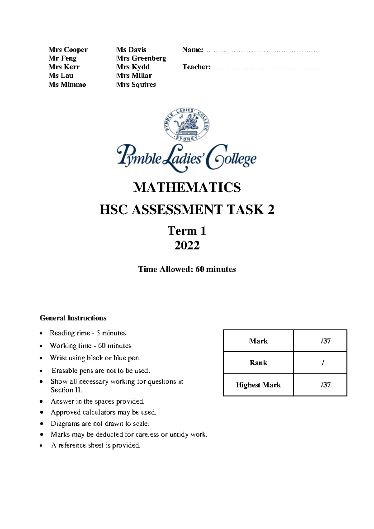 MATHEMATICS HSC ASSESSMENT TASK 2 - Term 1 2022 (Final) - Studocu