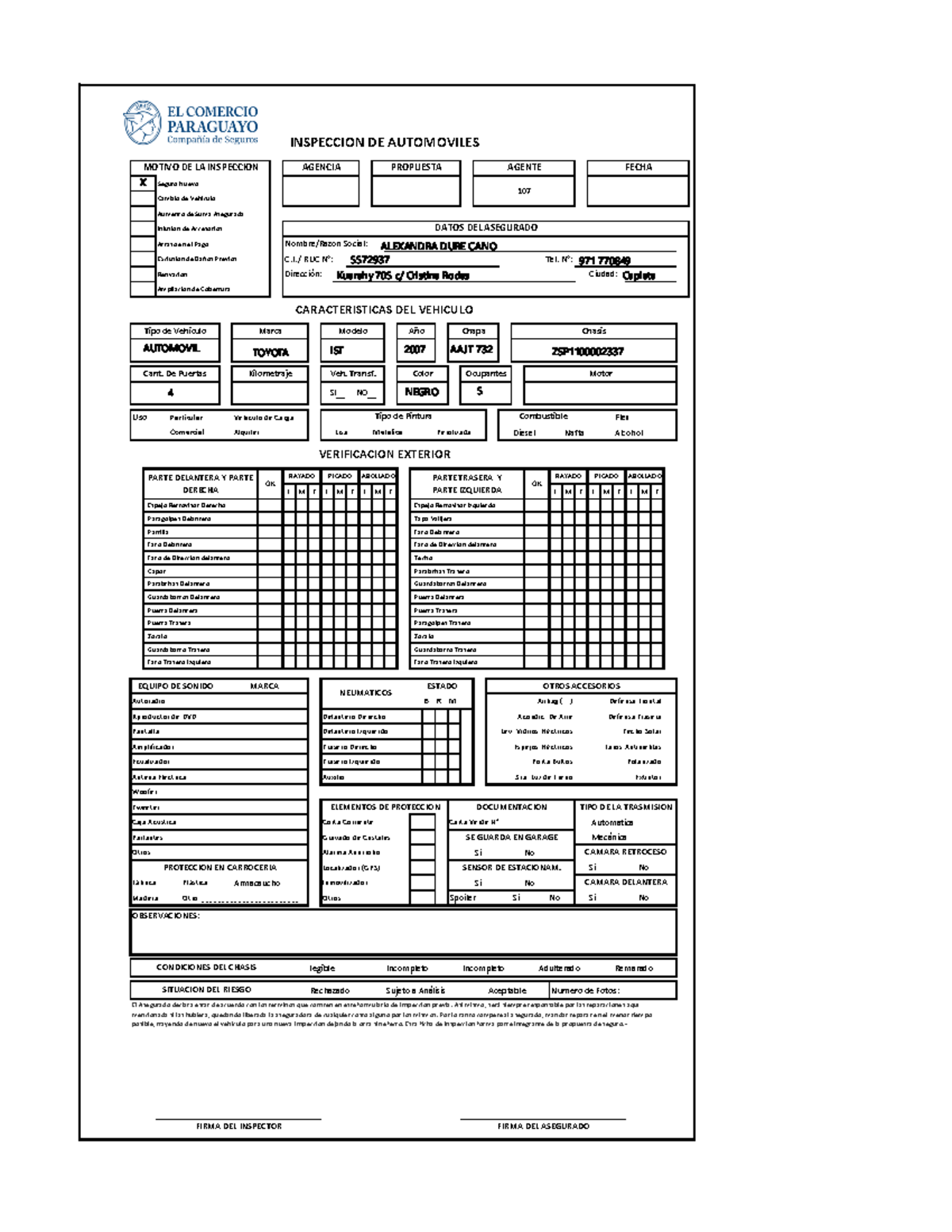 Formulario de Inspección de Automóviles - AAA - Studocu