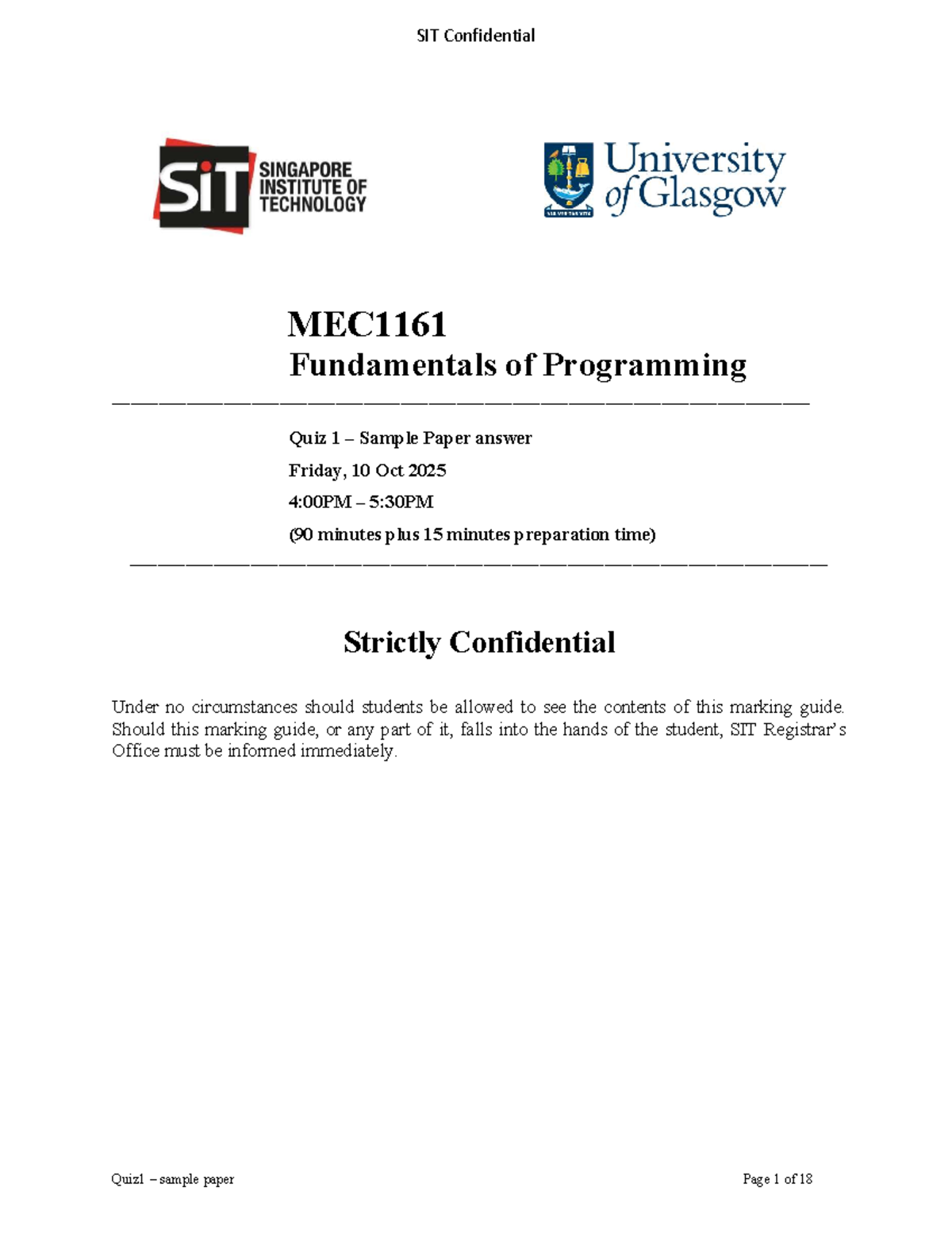 MEC1161 Fundamentals of Programming Quiz 1 Sample Paper - Studocu