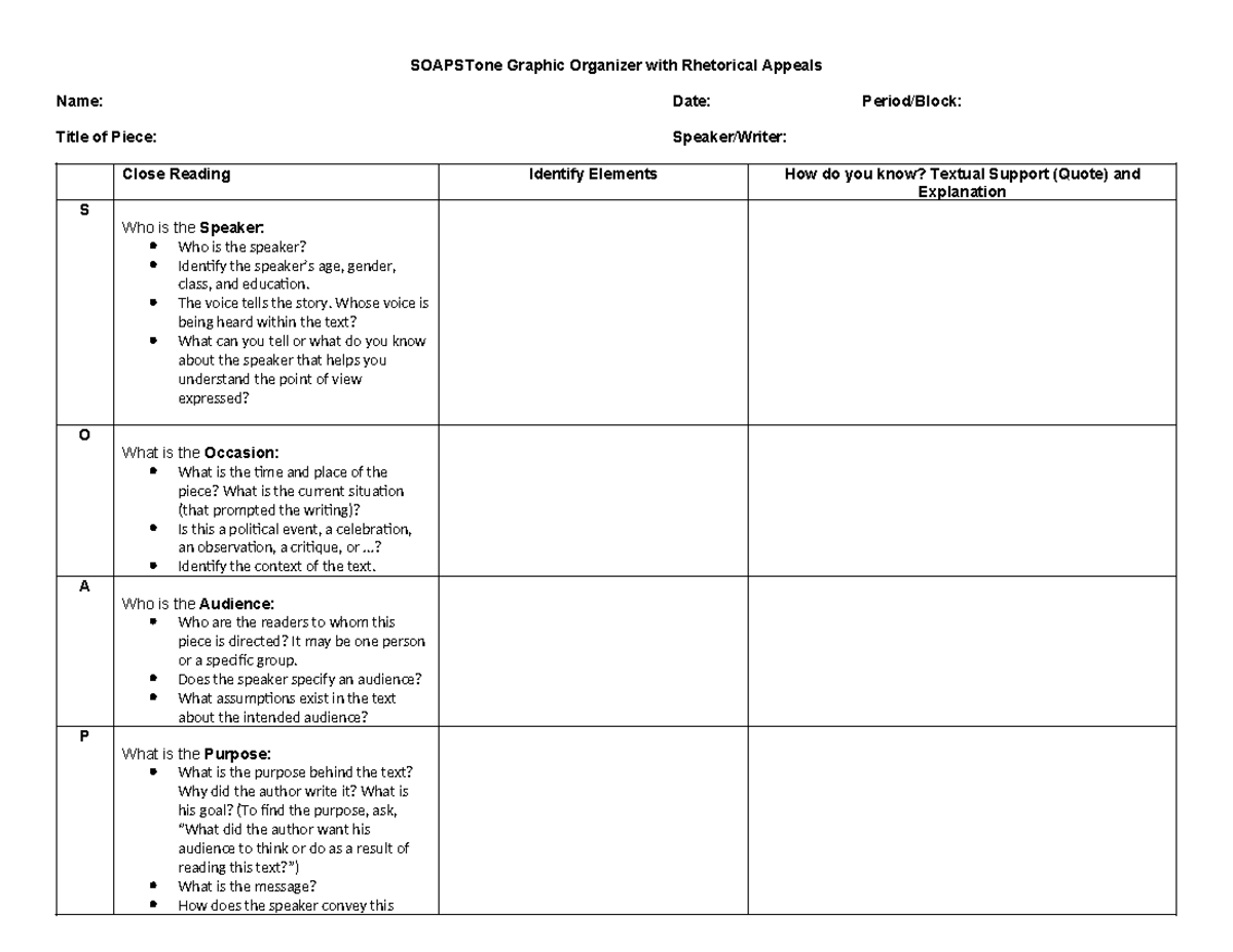 SOAPSTone Graphic Organizer for Rhetorical Analysis - Studocu