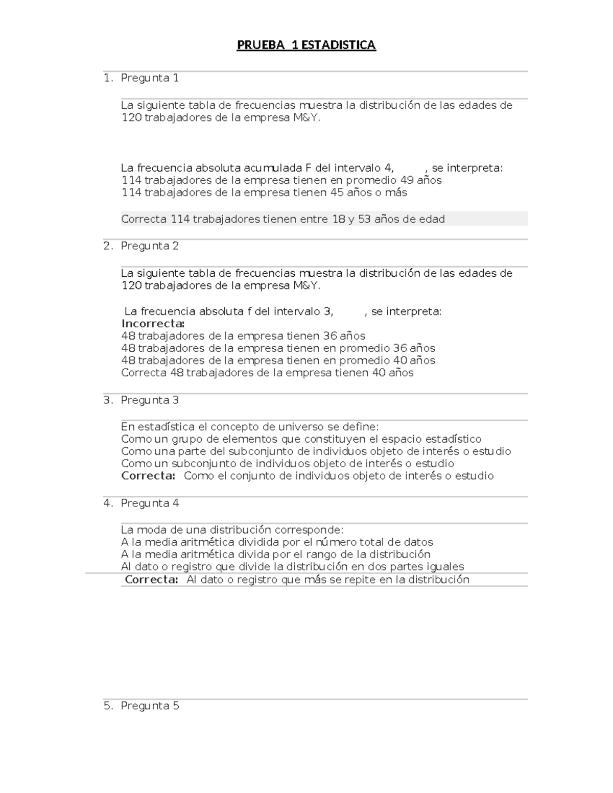 Prueba 1: Preguntas y Respuestas de Estadística - Studocu