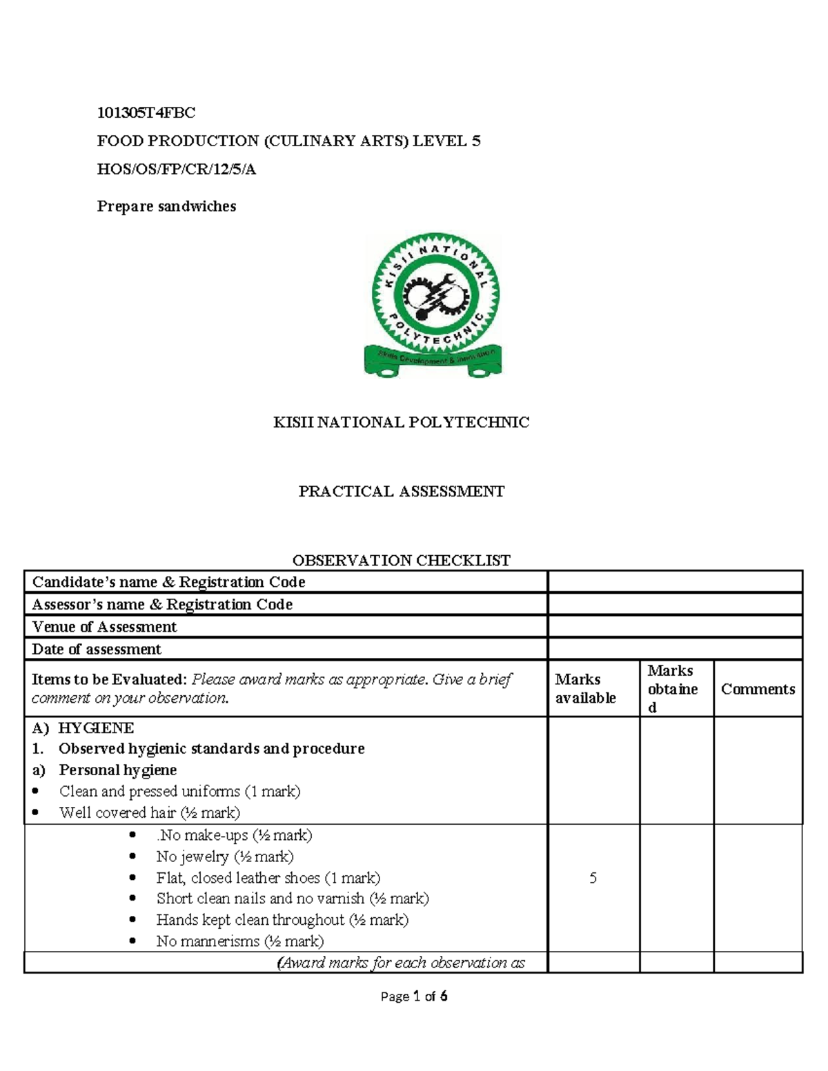 101305T4FBC FOOD PRODUCTION (CULINARY ARTS) LEVEL 5 Sandwich ...