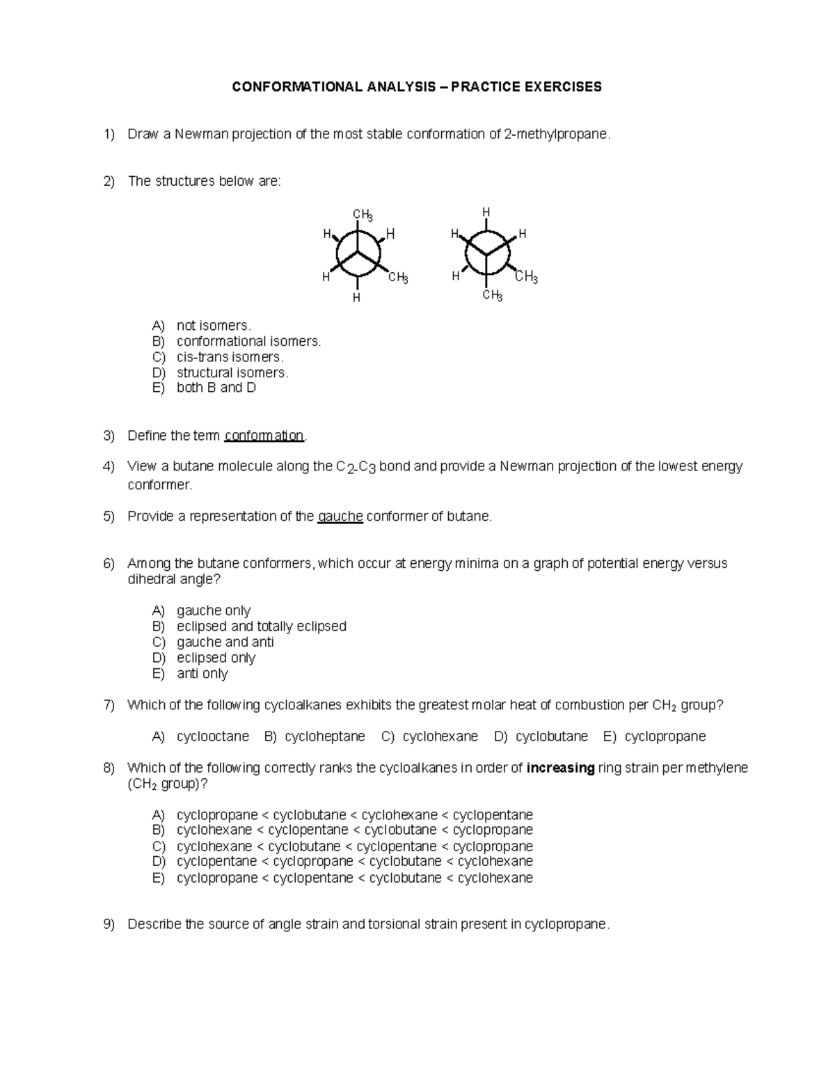 Conformational analysis worksheet - organic chemistry - YTU - Studocu