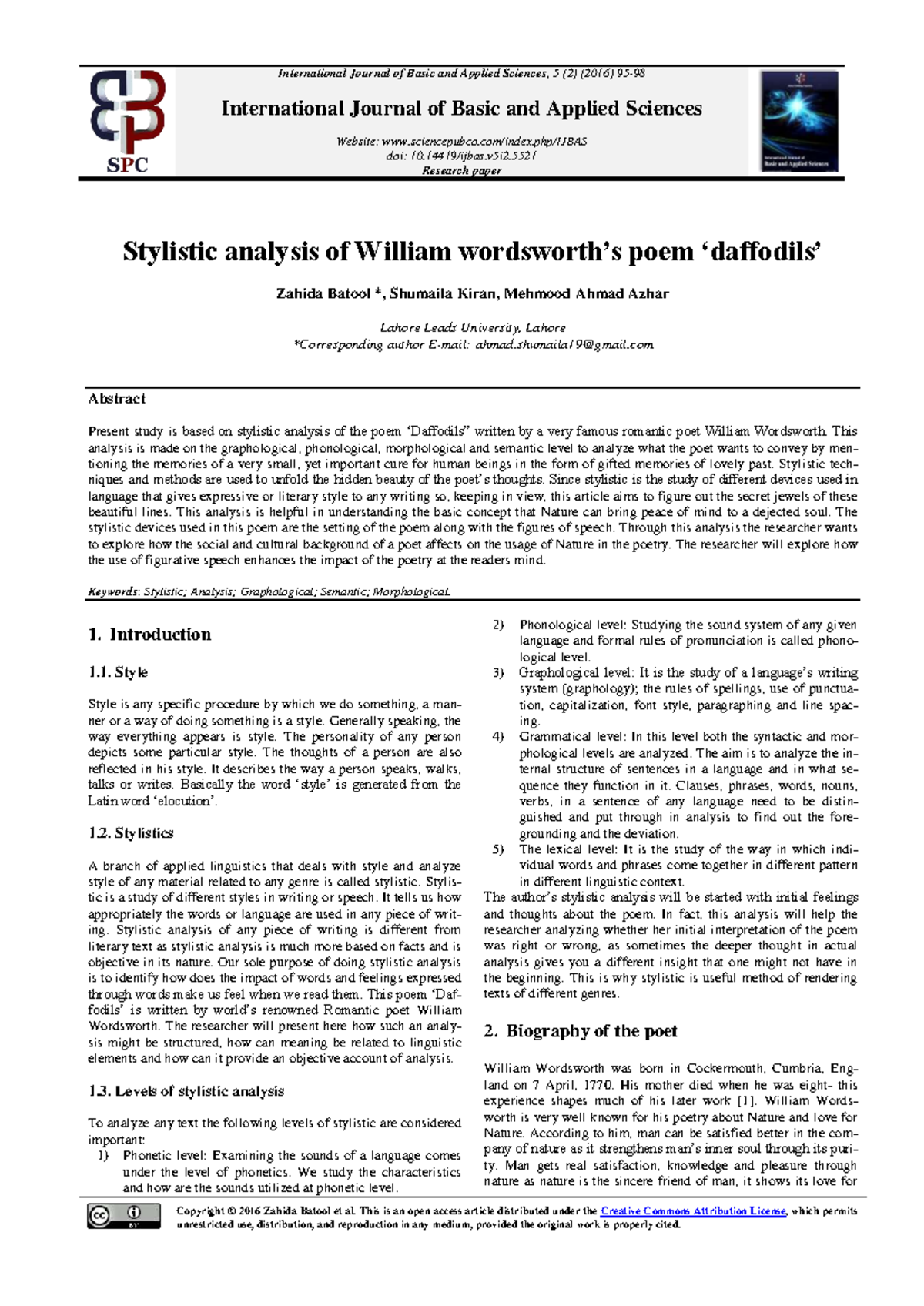 Stylistic Analysis of William Wordsworth's Poem "Daffodils" (ENG 101 ...