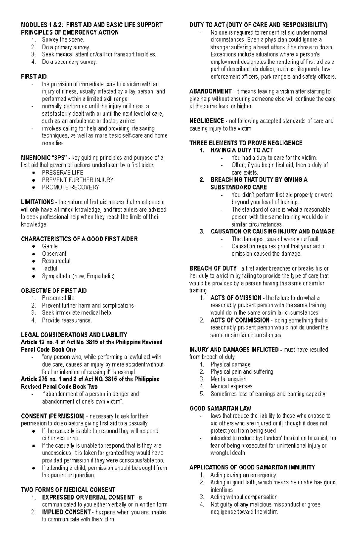 G12 PEH 4 Q4 M1-2 Reviewer - MODULES 1 & 2: FIRST AID AND BASIC LIFE SUPPORT PRINCIPLES OF - Studocu