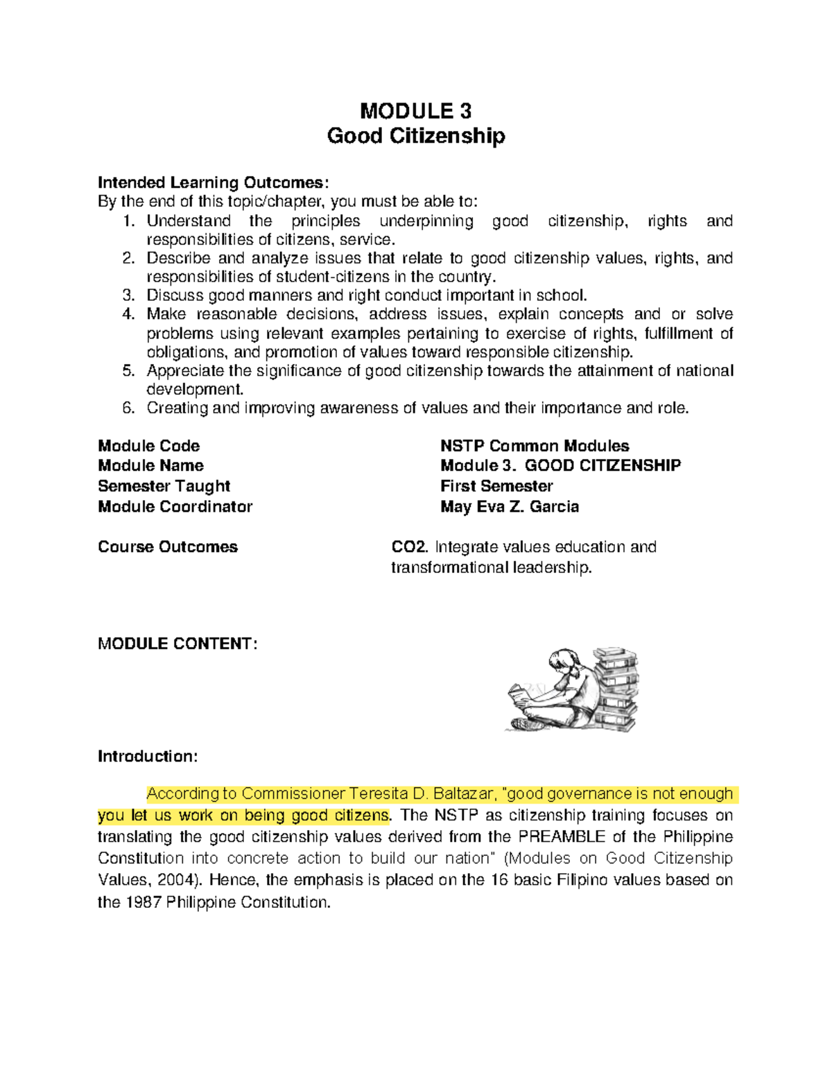 Module 3 Good Citizenship - MODULE 3 Good Citizenship Intended Learning ...