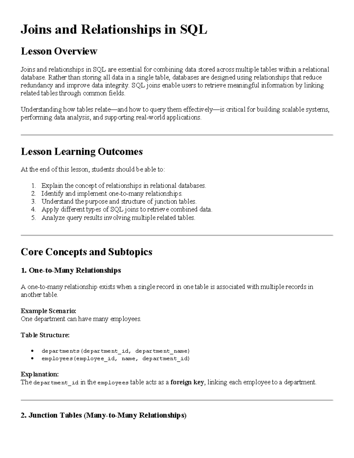 Joins and Relationships in SQL: Lesson Overview and Key Concepts - Studocu