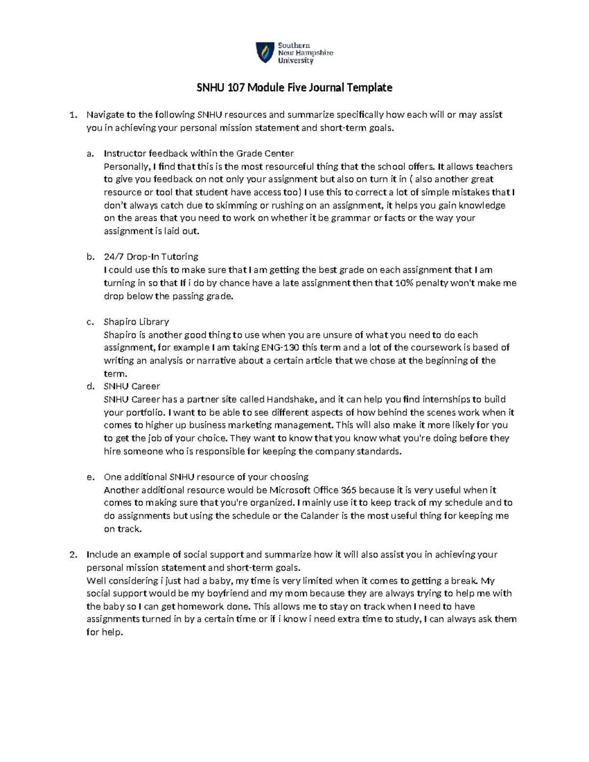 SNHU 107 Module 5 Journal: Resources for Achieving Goals - Studocu