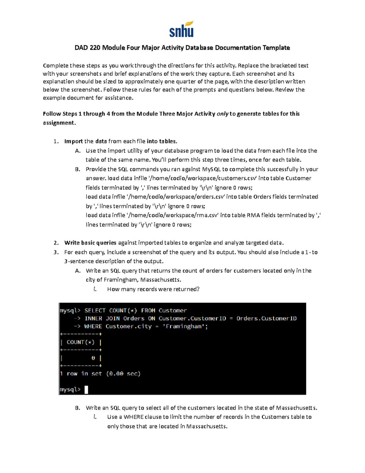 DAD 220 Module Four Major Activity Database Documentation - Replace the ...