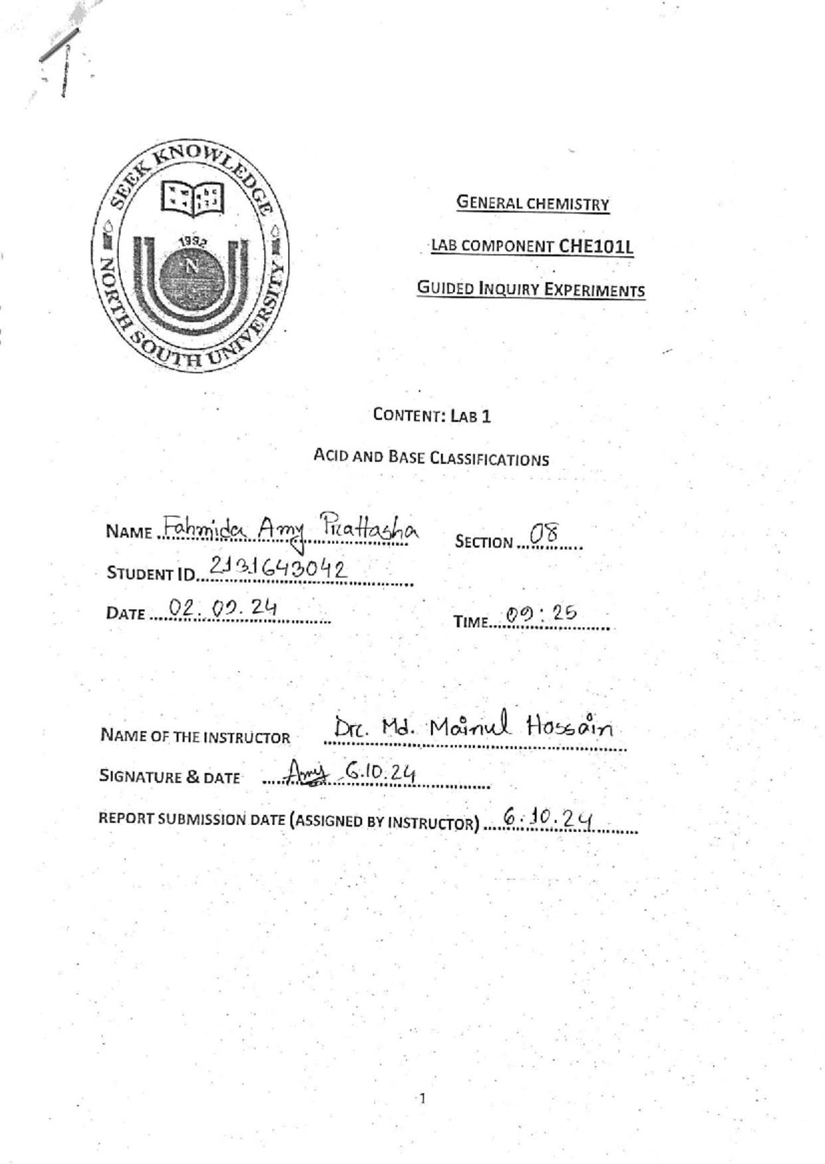 CHE101L General Chemistry Lab Report 1: Acid-Base Classifications - Studocu