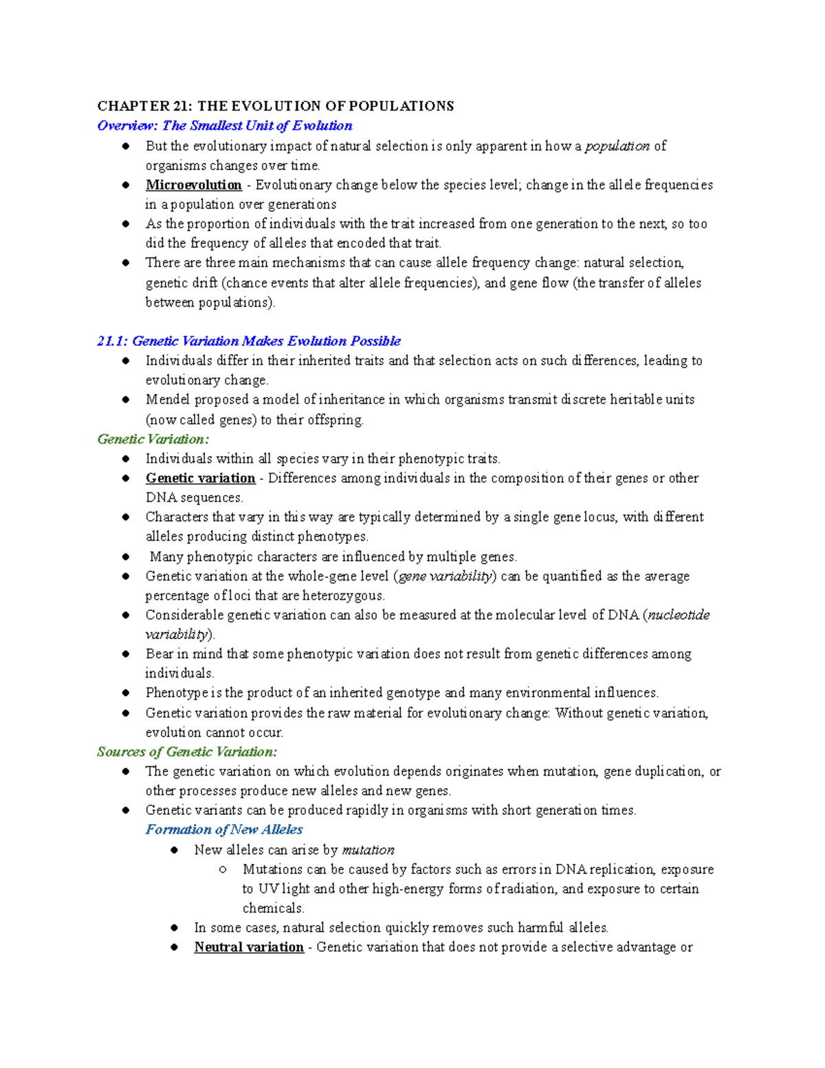 Chapter 21 THE Evolution OF Populations - CHAPTER 21: THE EVOLUTION OF ...