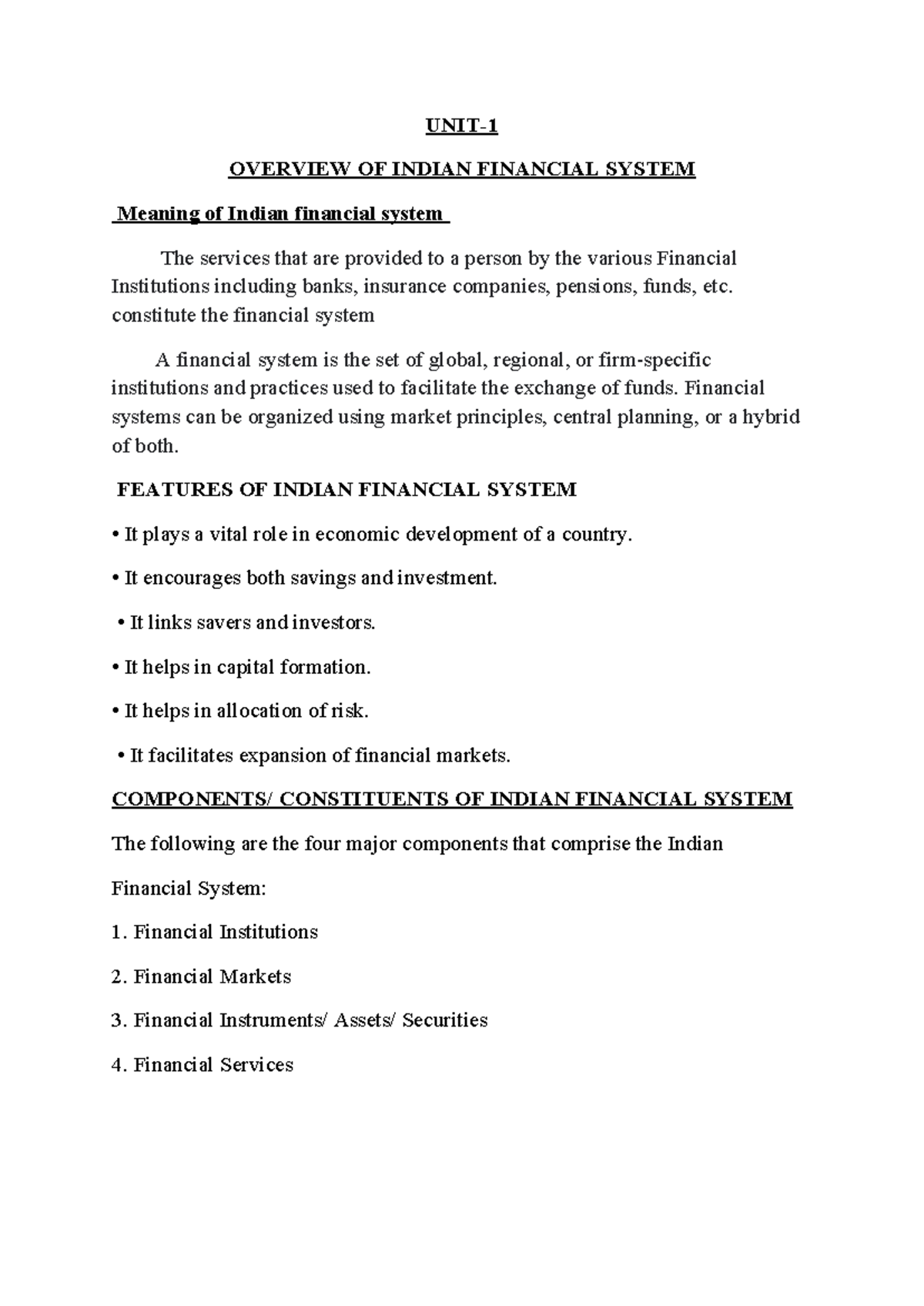 IFS UNIT 1 - Overview of the Indian Financial System - Studocu