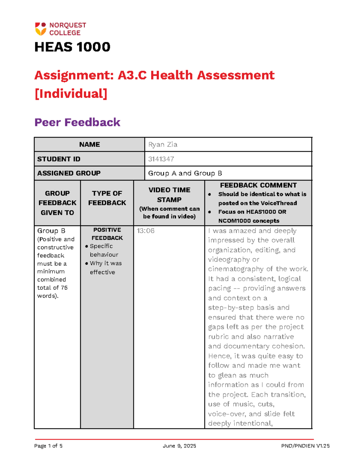 HEAS 1000 - A3.C Health Assessment Peer Feedback Analysis - Studocu