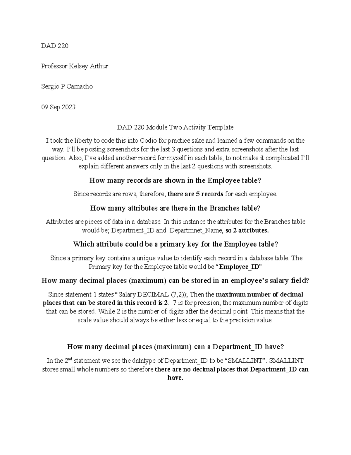 Camacho DAD 220 Module Two Activity Template & Database Insights - Studocu
