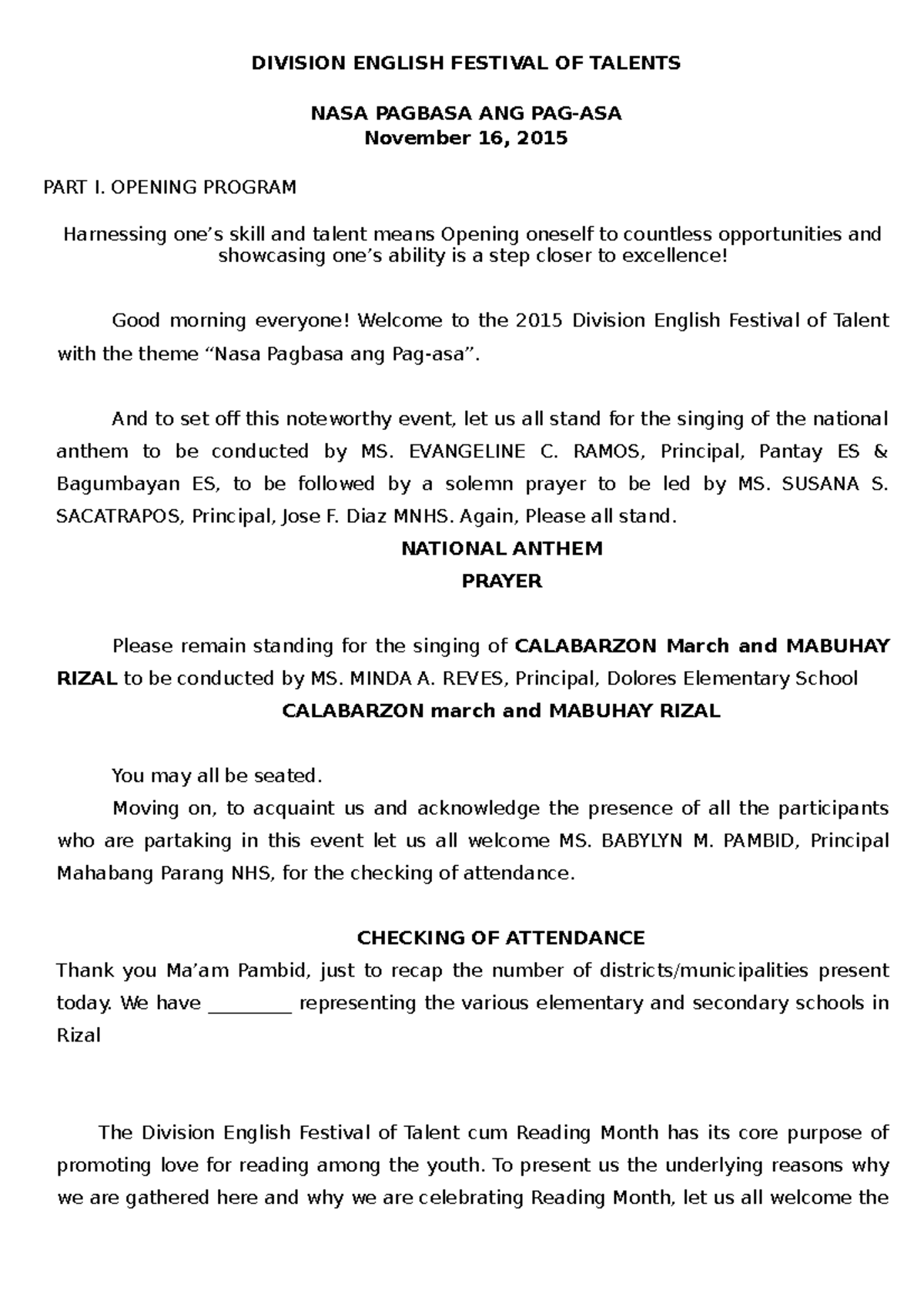 Division English Festival 2015 Program Script: NASA PAGBASA ANG PAG-ASA ...