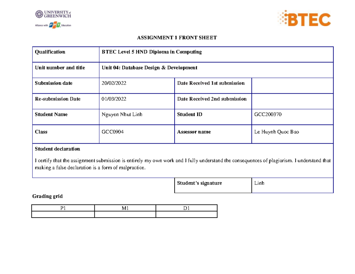 1 04-DDD.Assignment 1 frontsheet Nguyen Nhut Linh GCC2003 70 - ASSIGNMENT 1 FRONT SHEET - Studocu