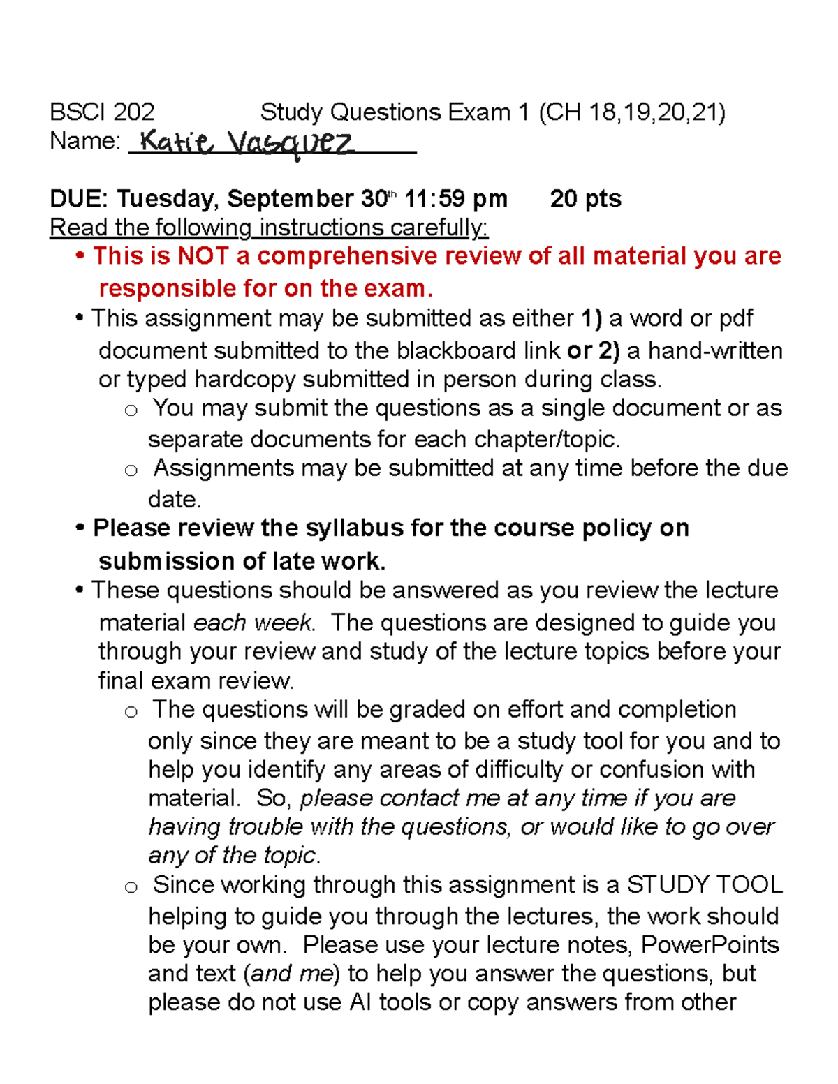 BSCI 202 Study Questions for Exam 1 (Ch 18-21) - Studocu