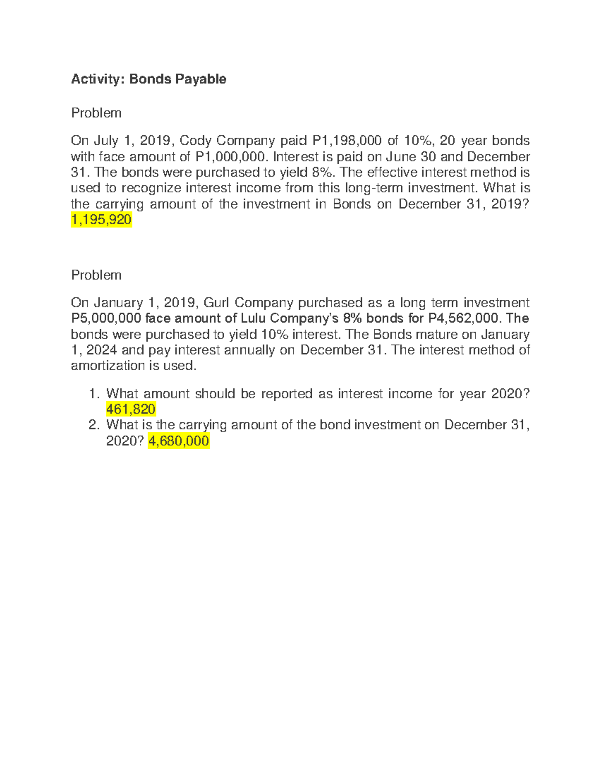 Bonds Payable Analysis - Cody Co. & Gurl Co. Investments - Studocu