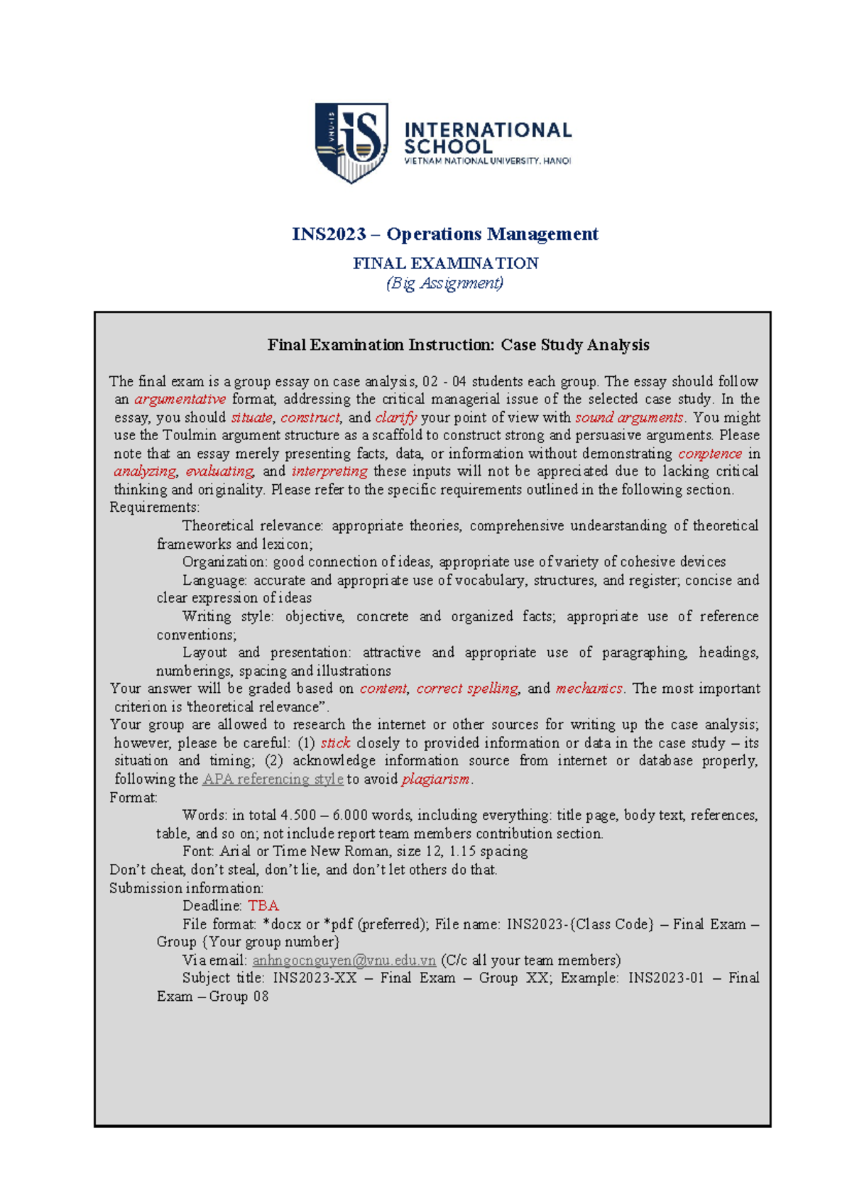 INS2023 - OM Final Exam - Official & Instructions (2025SP) - INS2023 ...